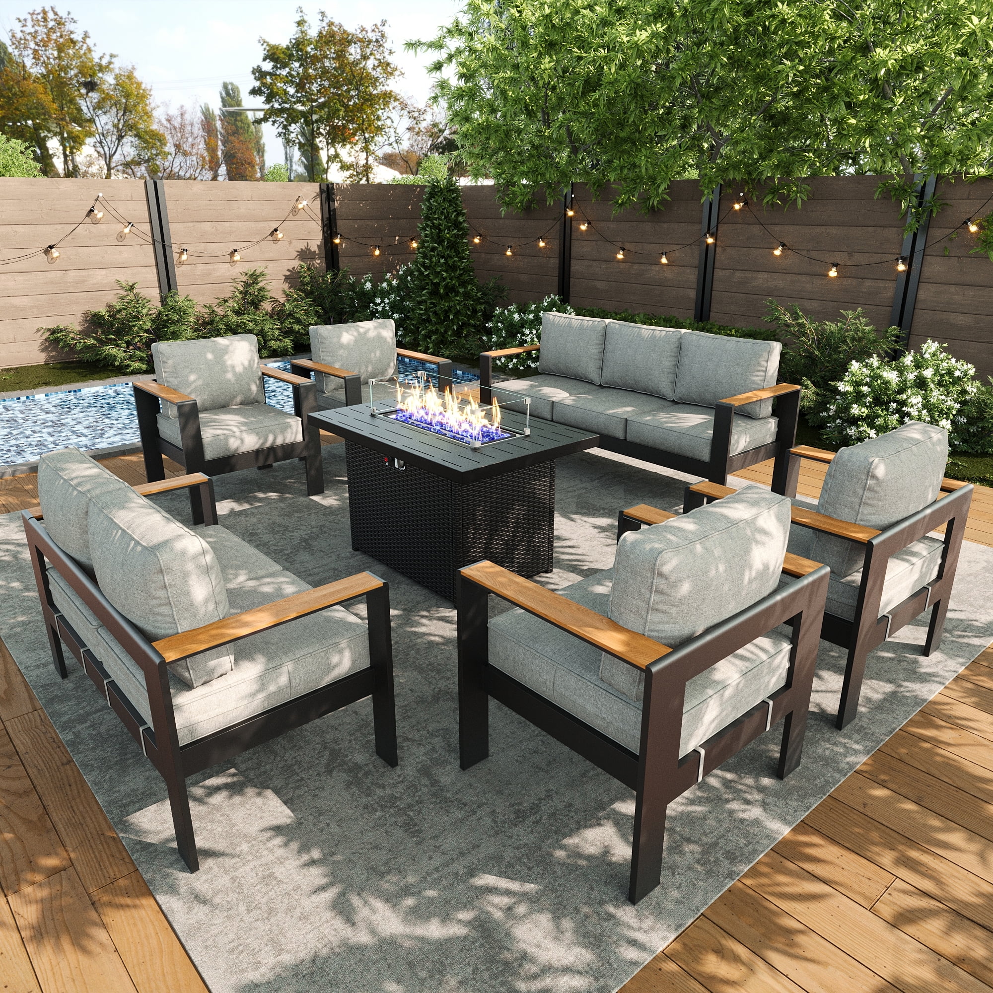 LayinSun Outdoor Aluminum Furniture Set with Fire Pit Table, Modern ...