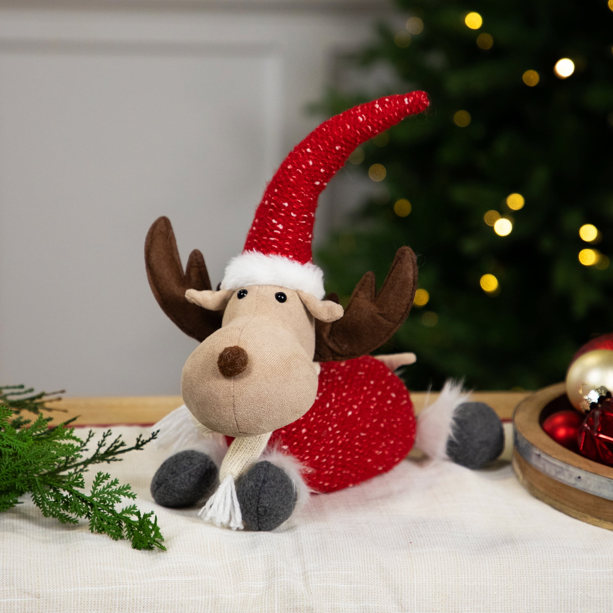 Northlight Laying Plush Moose Christmas Figure - 12" - Red and White ...