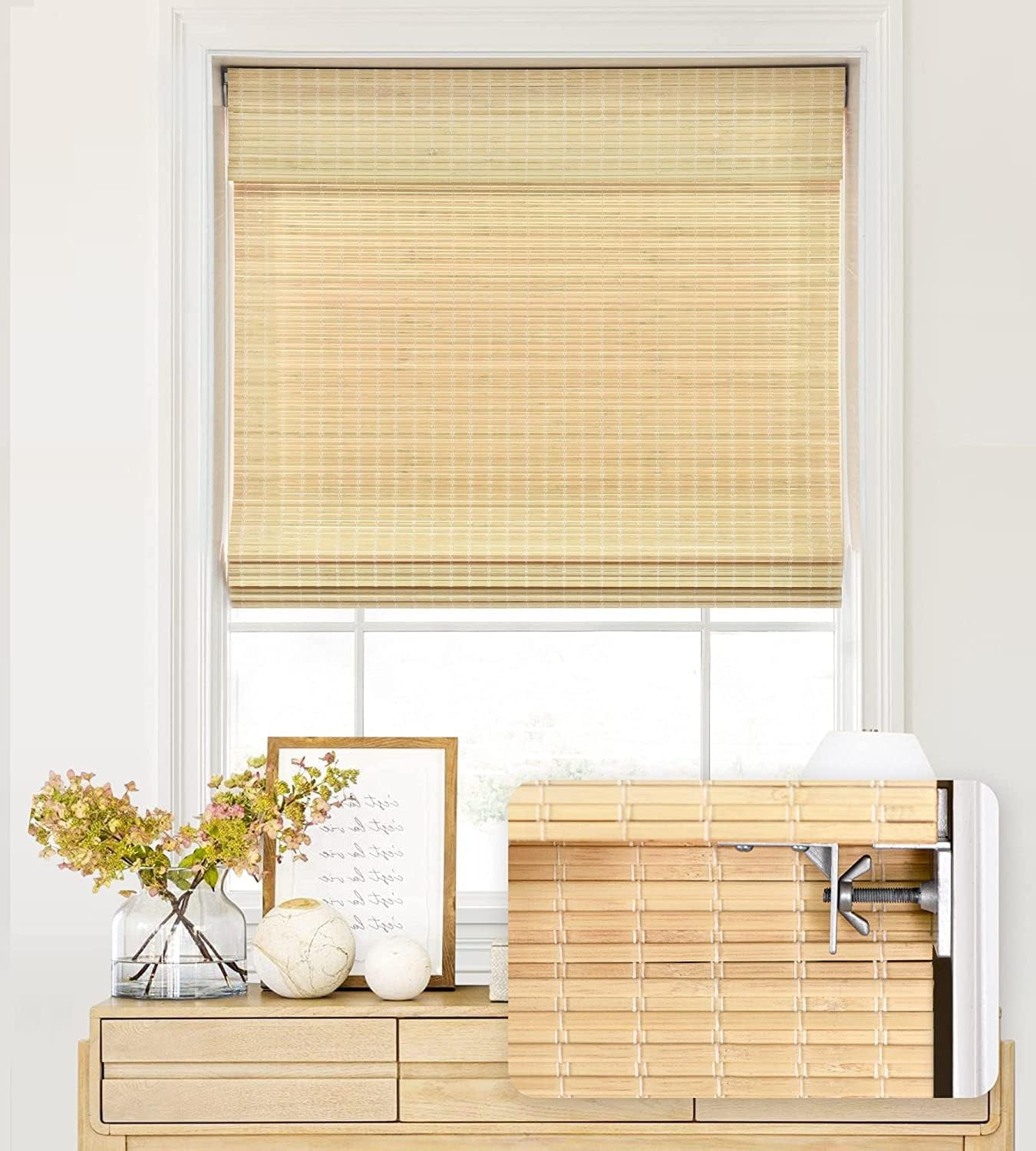 LazBlinds No Tools No Drill Cordless Bamboo Roman Shades, Privacy ...