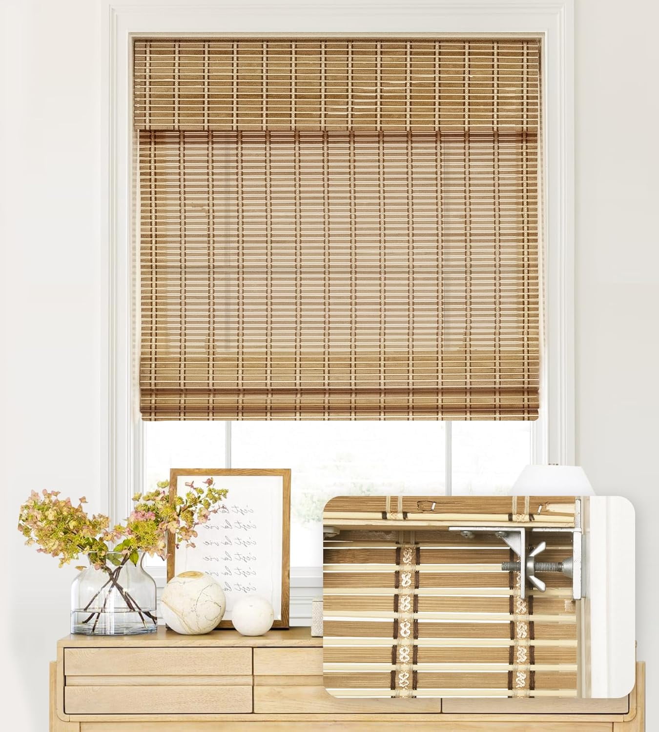 LazBlinds No Tools No Drill Cordless Bamboo Roman Shades, Light ...