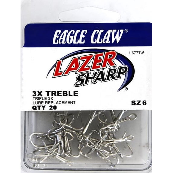 Eagle Claw Lazer Sharp 3X Strong Treble Fishing Hook Size 6, 20 Pack ...