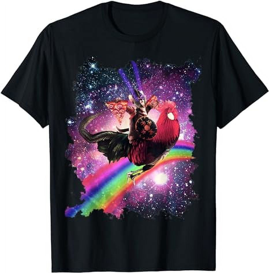 Lazer Warrior Space Cat Riding Chicken with Pizza T-Shirt - Walmart.com