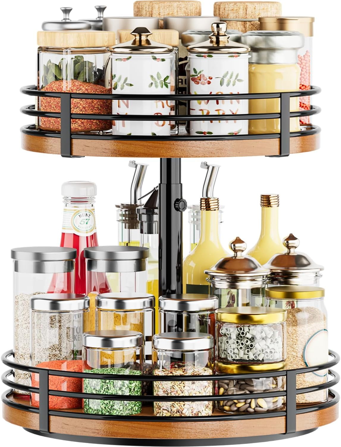 Lazy Susan Turntable Organizer Adjustable - 2 Tier Wood Rotating Spice ...