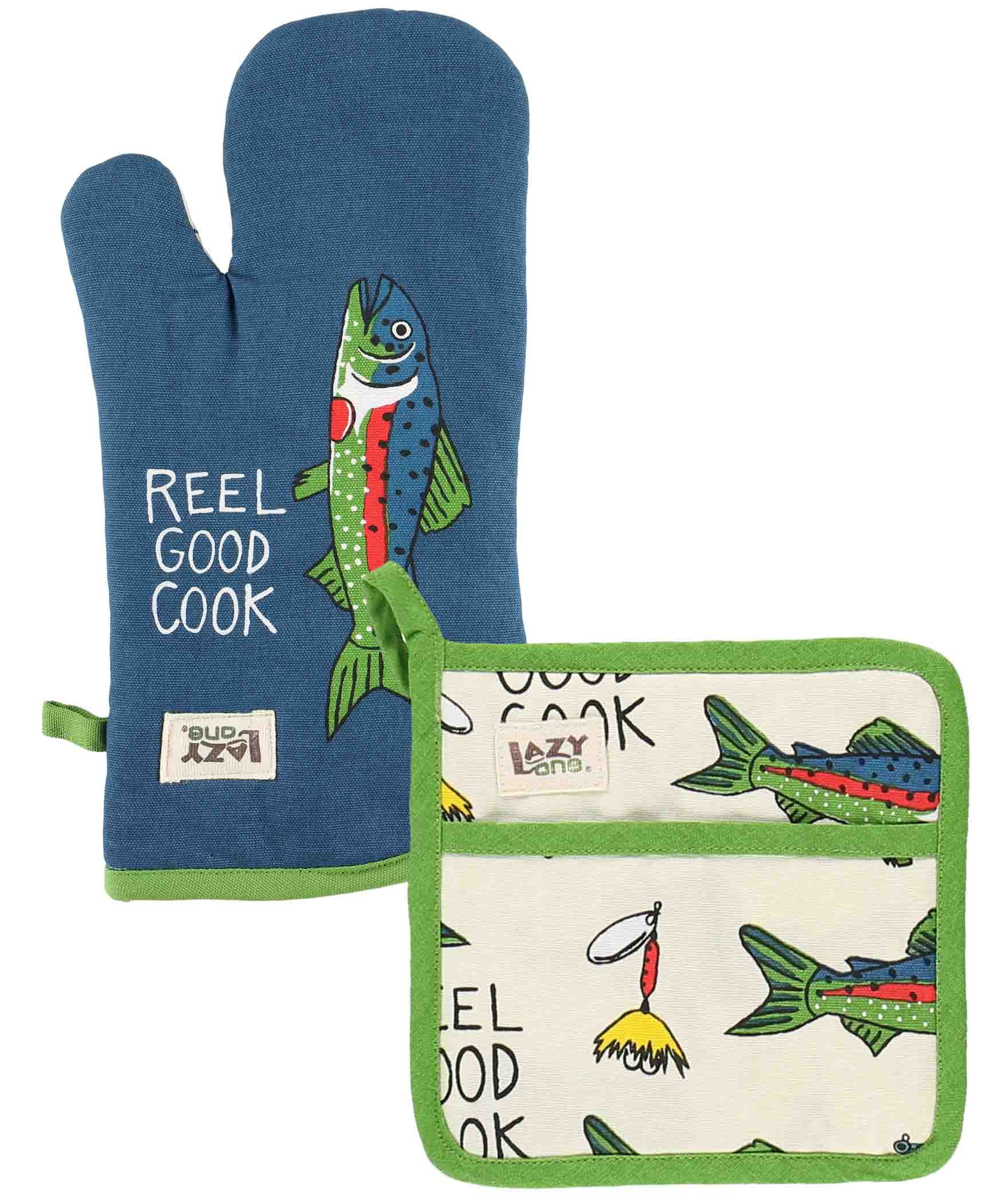 LazyOne Funny Fish Oven Mitt and Pot Holder Set, Cute Kitchen ...