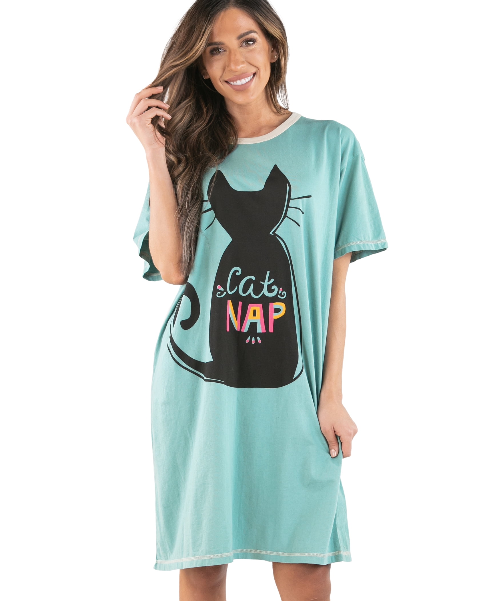 LazyOne Nightshirts for Women, Animal Designs Sleepshirt (Cat Nap Blue ...