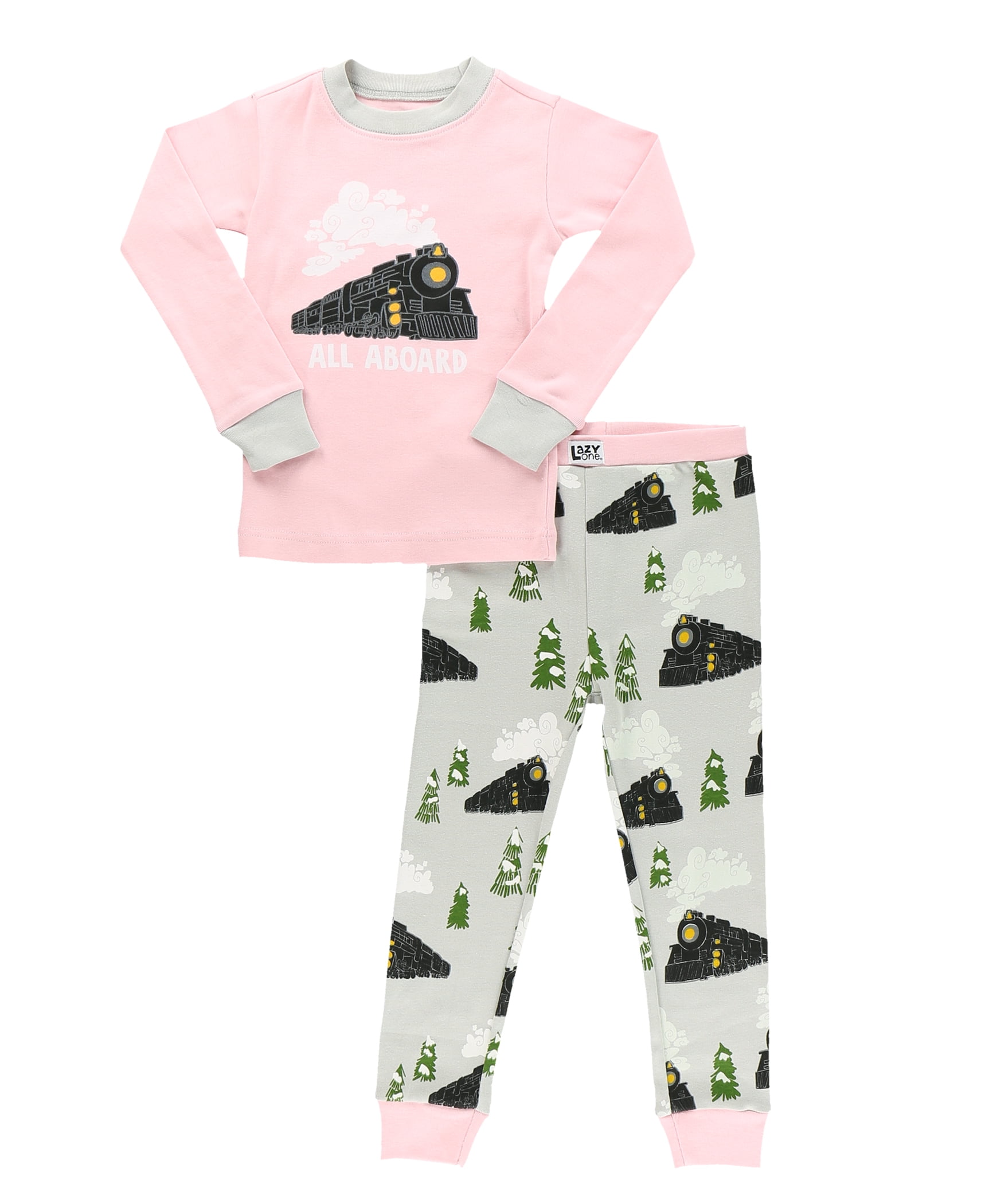 LazyOne Warm Long-Sleeve PJ Sets for Girls and Boys, All Aboard Pink ...