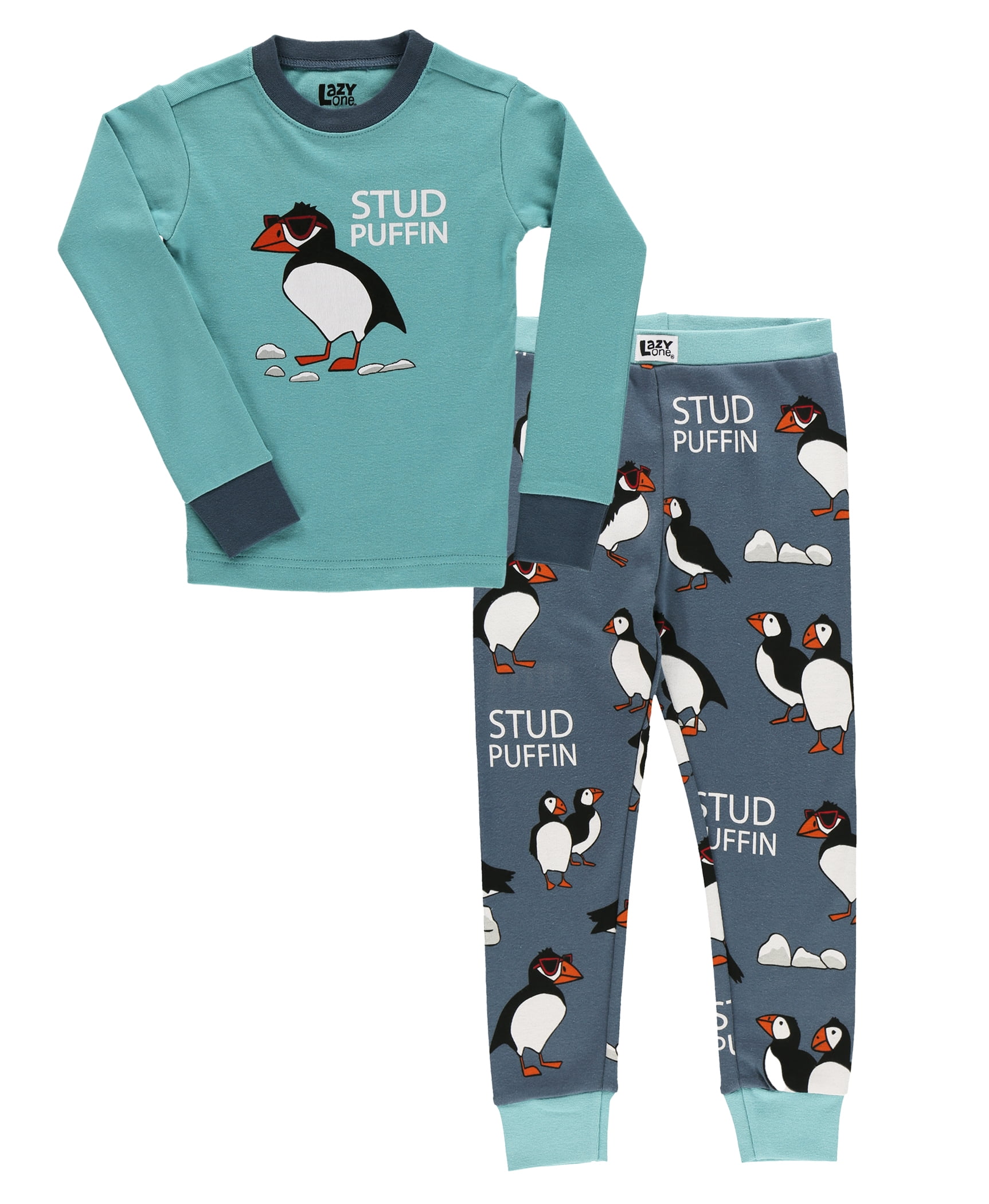 LazyOne Warm Long-Sleeve PJ Sets for Girls and Boys, Blue Stud Puffin ...