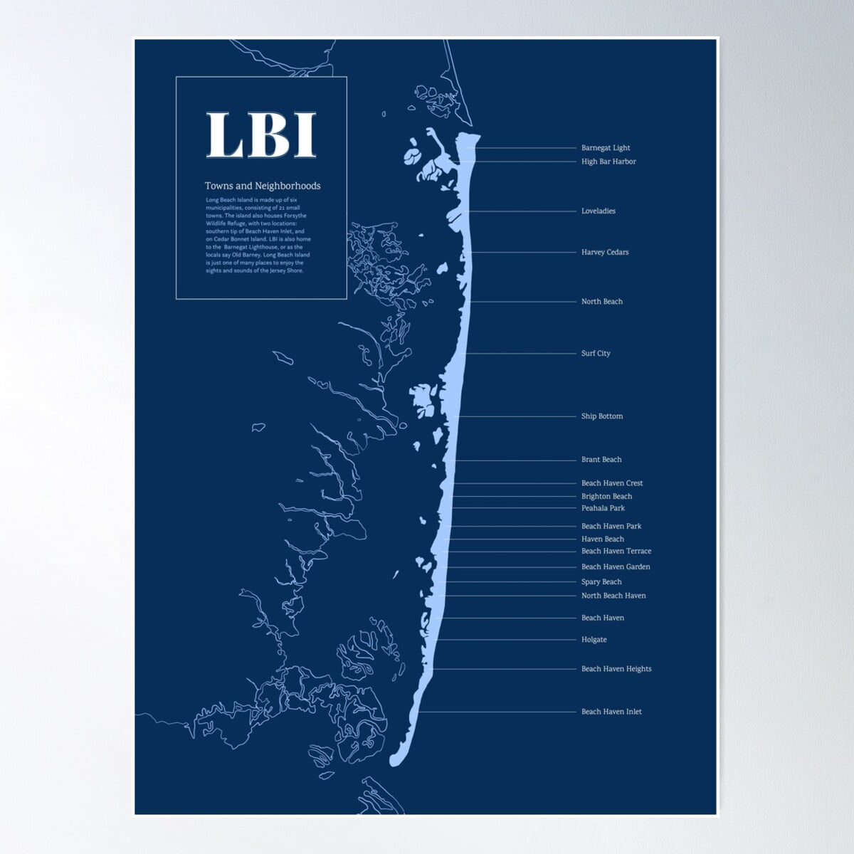 Lbi Long Beach Island, Nj Illustrated Town Map Poster Wall Art, Modern ...