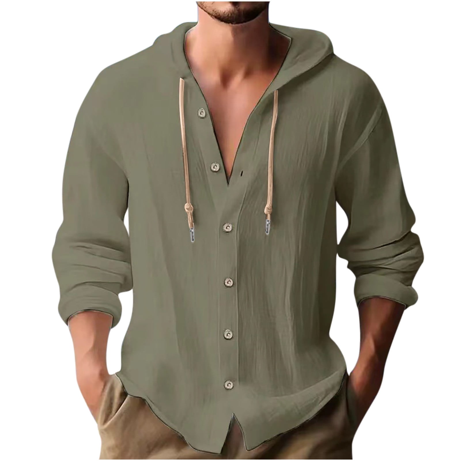 LbsKUS Men Linen Hooded Shirts Casual Button Down Long Sleeve Hoodies ...