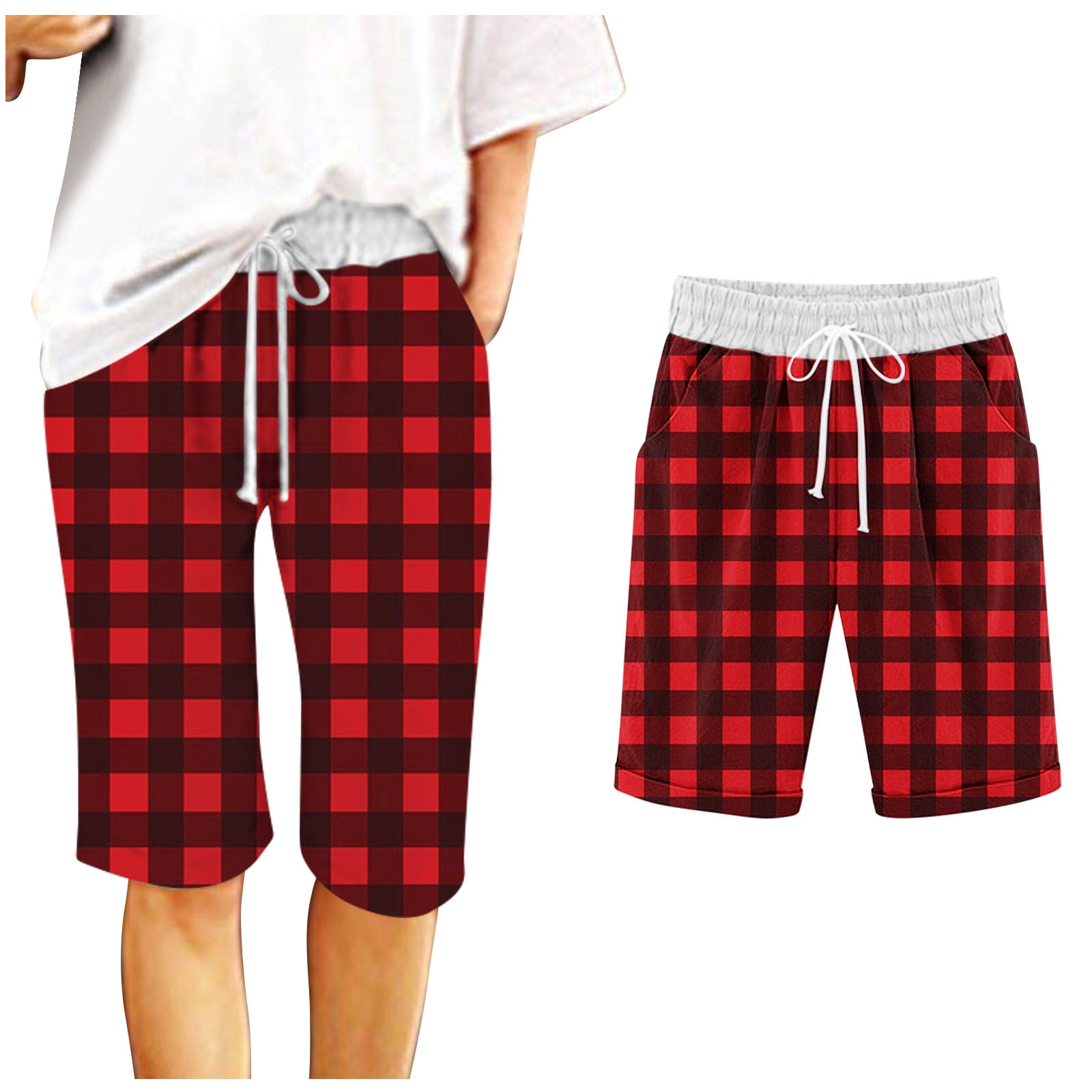 LbsKUS Summer Plaid Knee Length for Womens Drawstring Comfy Elastic ...