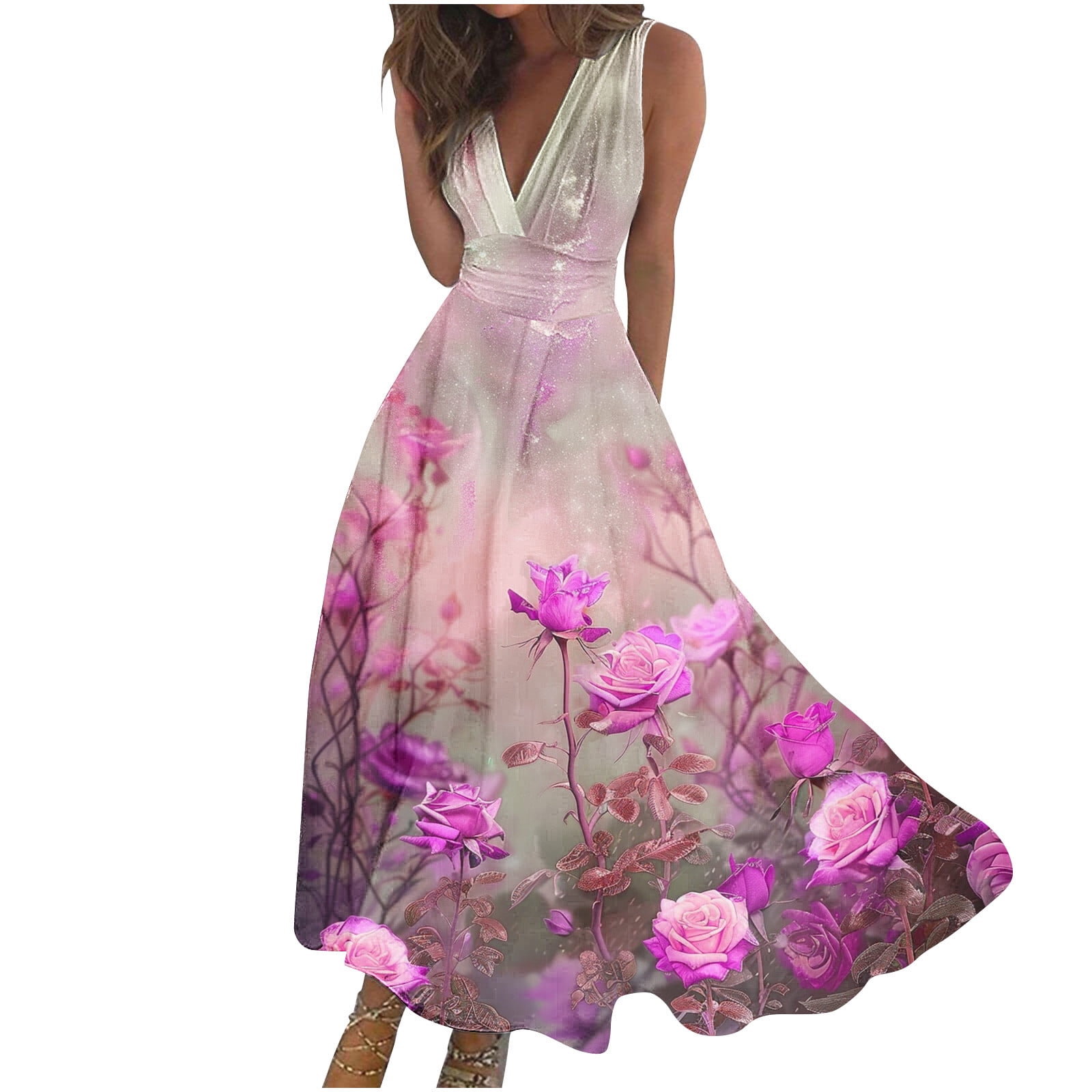 LbsKUS Women Pink Rose Print Dresses Deep V Neck Wrapped Chest Flowy ...