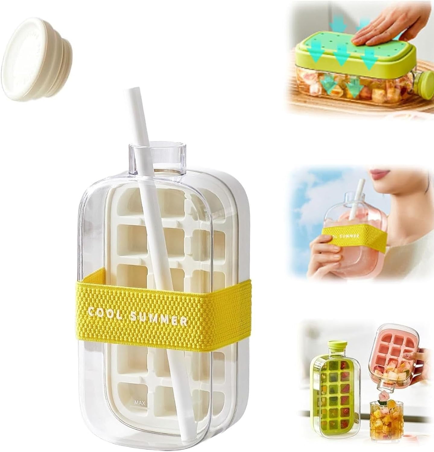 Lce Cube Bottle,2 in 1 Touch-Free Ice Cube Tray Water Bottle with Lid ...