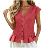 Lcklvx Linen Shirts for Women Sleeveless V Neck Button Ruffle Pleated ...