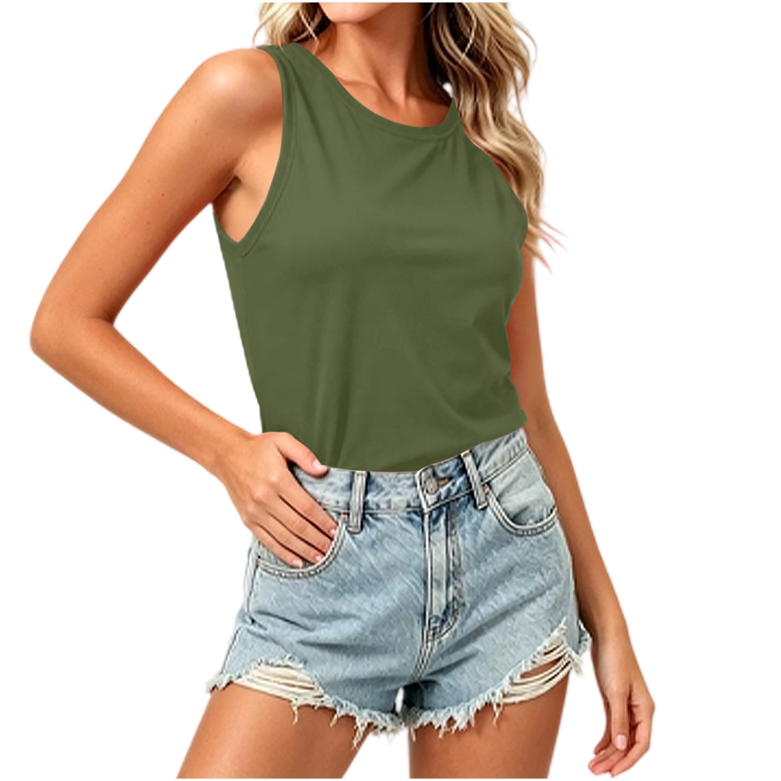 Lcklvx Tank Tops for Women Summer Crew Neck Sleeveless Cross Back ...