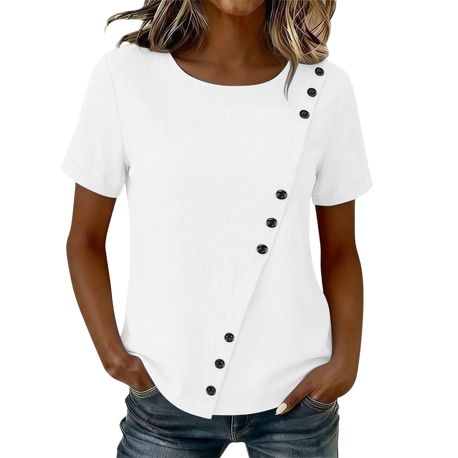 Lcklvx Women's Short Sleeve Tops Summer Crew Neck Button Loose Shirts ...