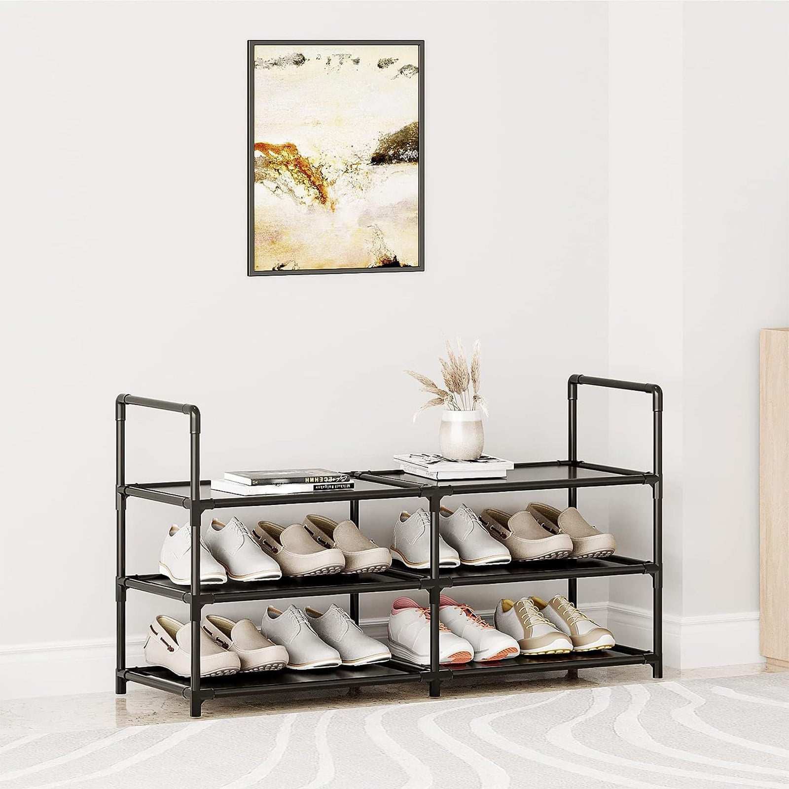 Lcxifdre 2-Row 3-Tier Detachable Shoe Rack, Black Metal Shoe Rack ...