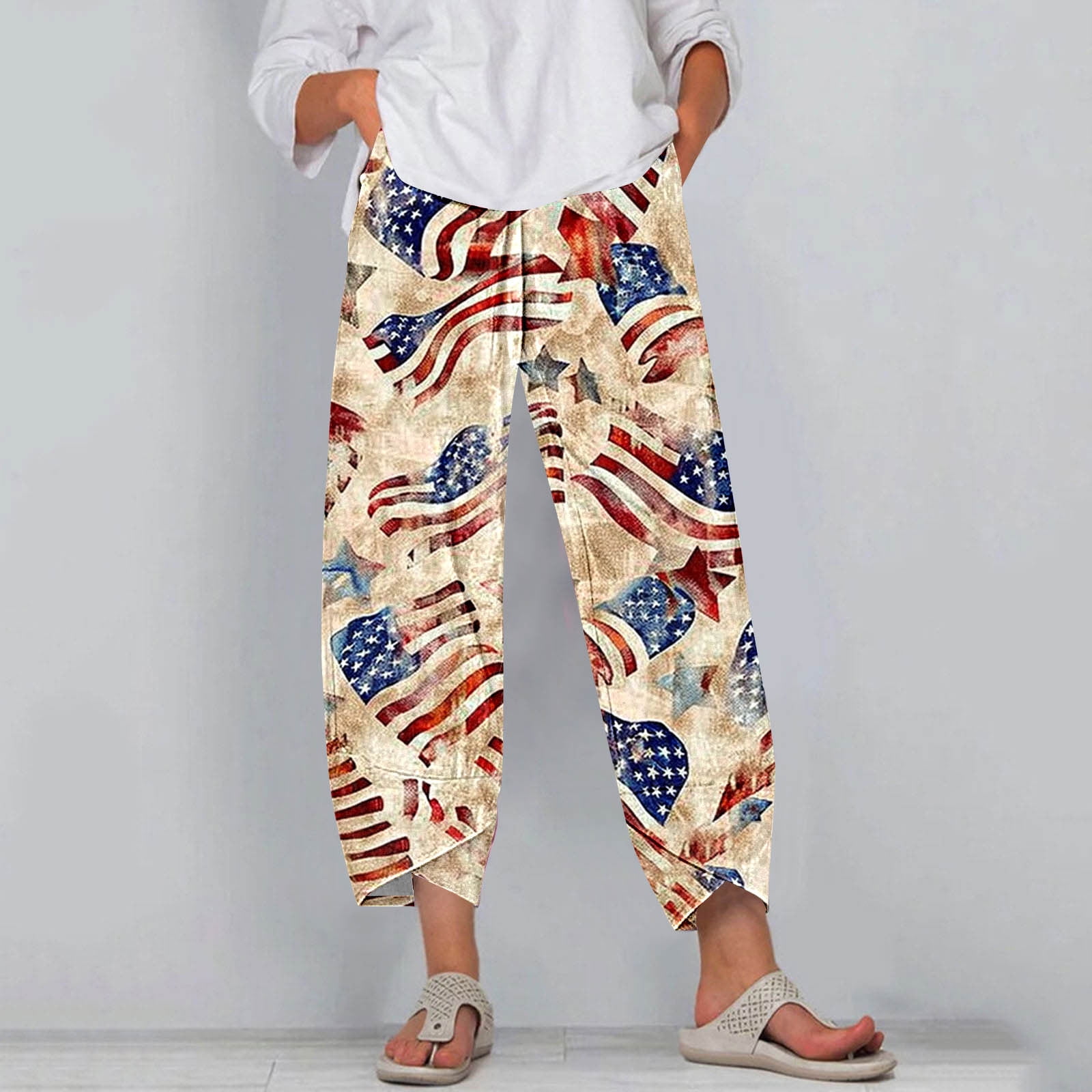 Lcziwo American Flag Pants for Women Red Blue and White Print Cropped ...