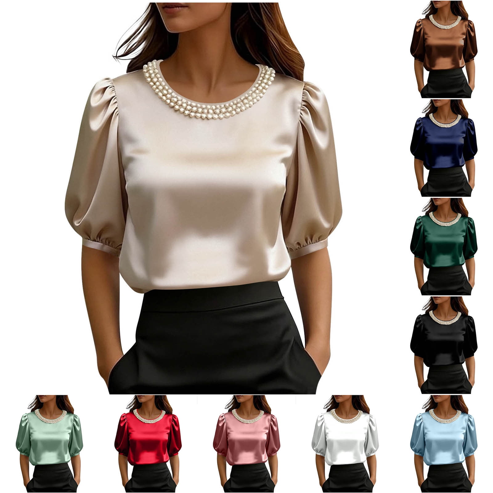 Lcziwo Women's Elegant Satin Blouse Puff Short Sleeve Crew Neck Silk ...