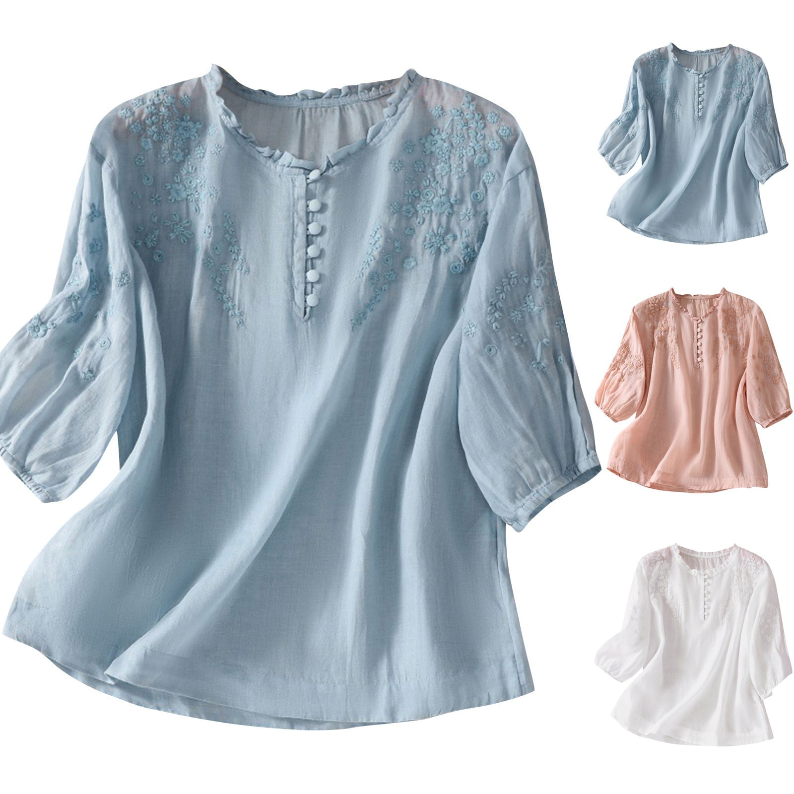 Lcziwo Women's Embroidered Blouses Cotton Linen Puff 3/4 Sleeve Round ...
