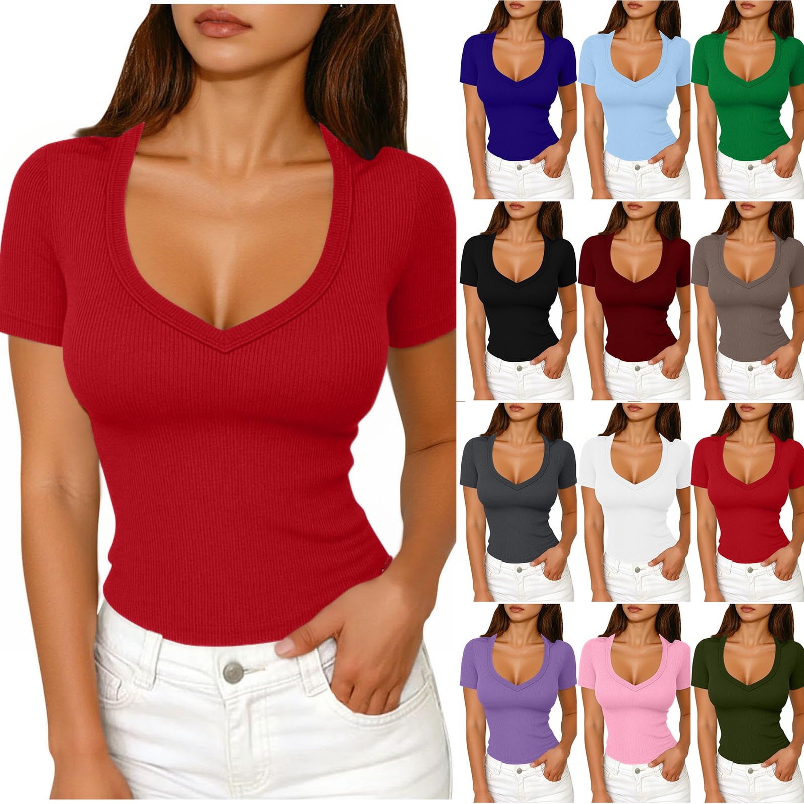 Lcziwo Women's Ribbed Knit V-Neck Fitted Shirts Short Sleeve Slim Tees ...