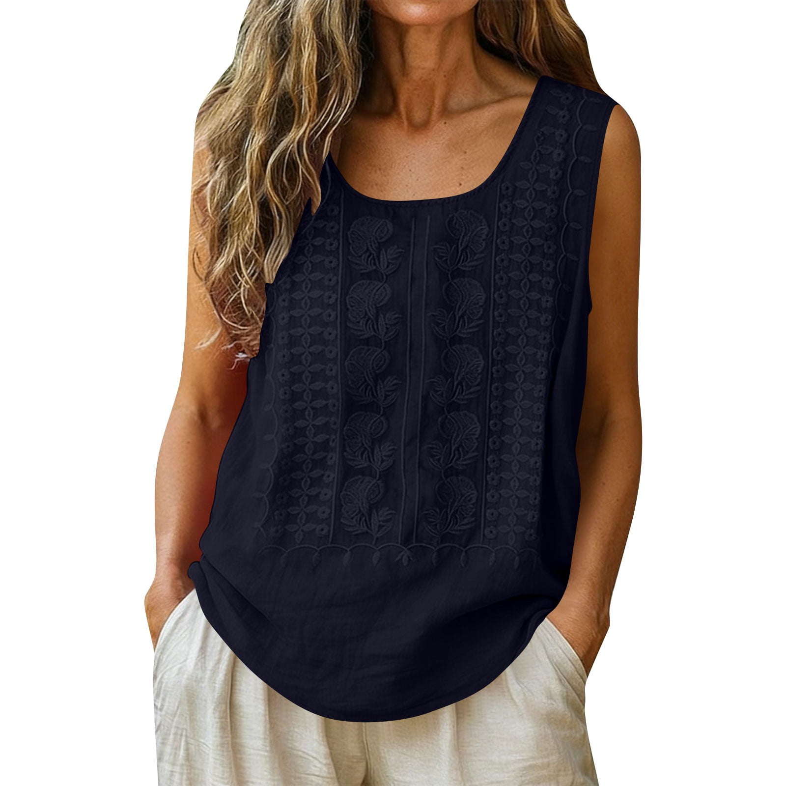 Lcziwo Women's Sleeveless Cotton Tops Crew Neck Embroidered Casual ...