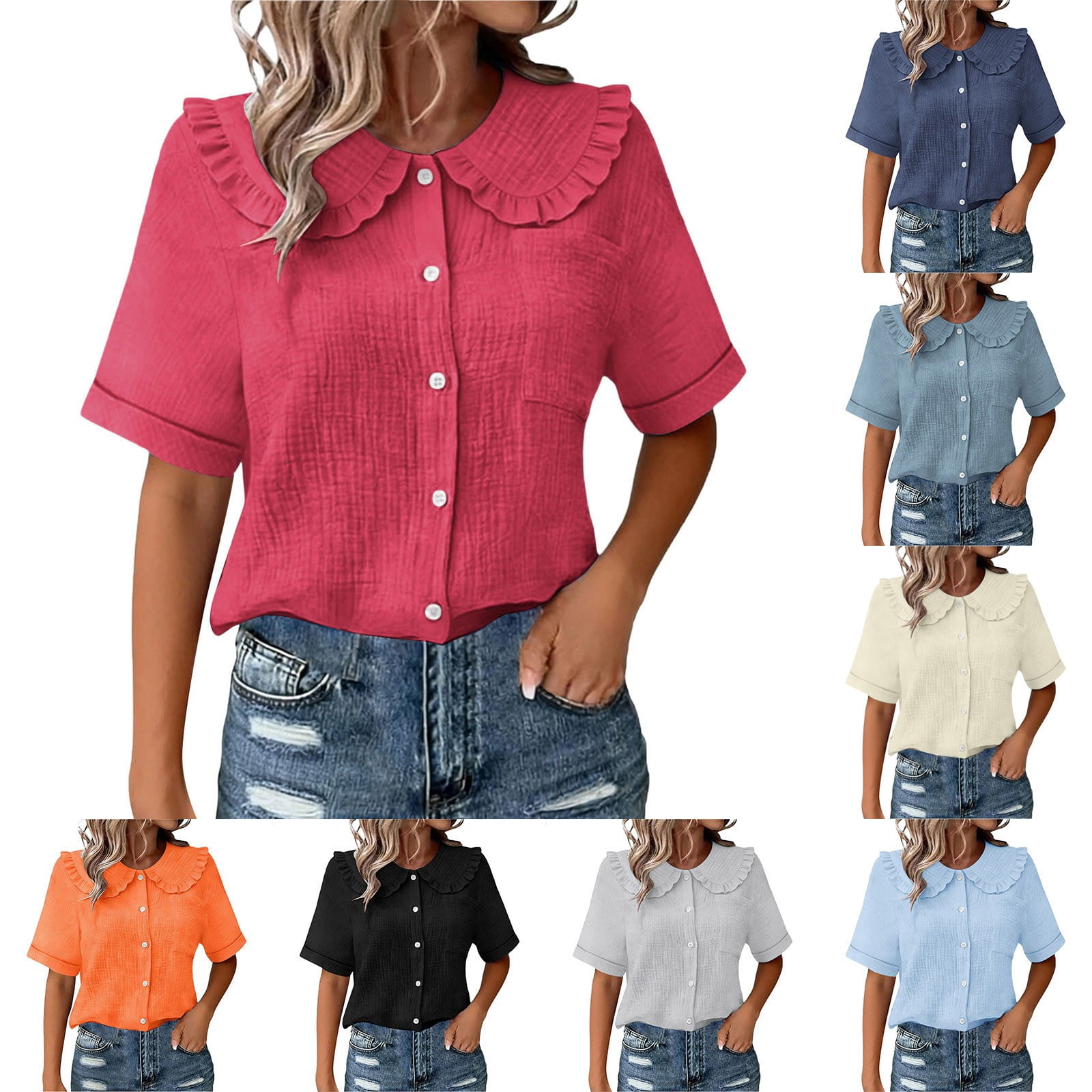 Lcziwo Womens Classic Gauze Shirts Cotton Peter Pan Collar Short Sleeve ...