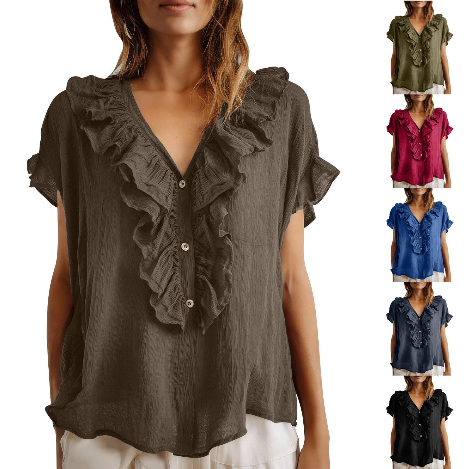 Lcziwo Womens Short Ruffle Sleeve Shirts Cotton Henley V Neck Button Up ...