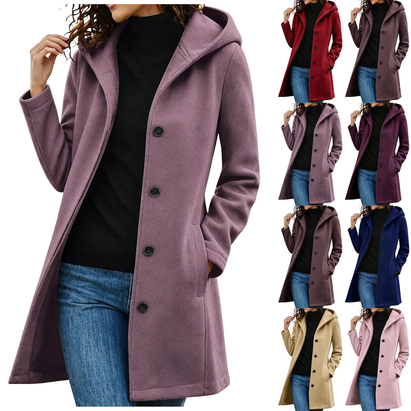 Lcziwo Womens Wool Pea Coats Winter Plus Size Single Breasted Hooded ...