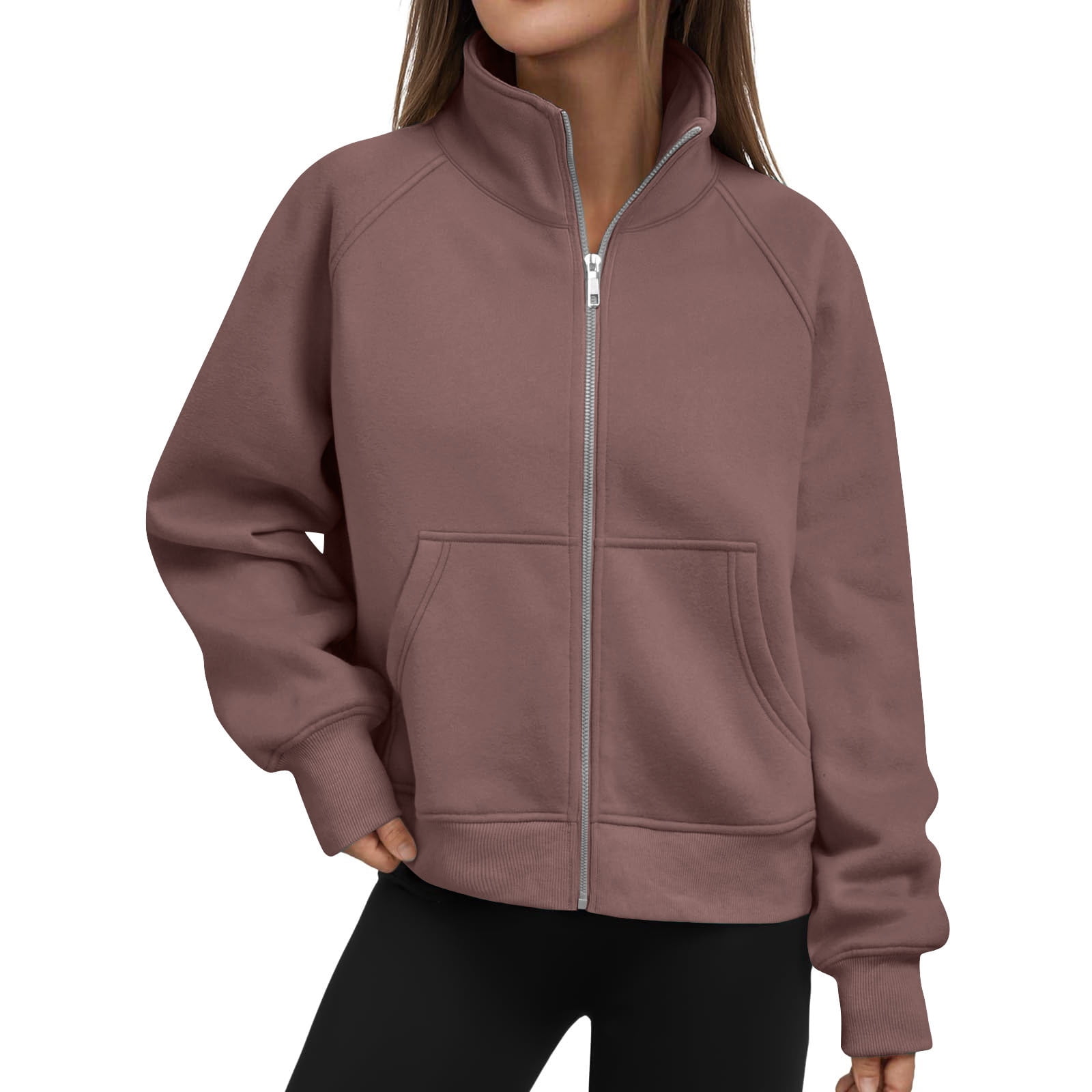 Lcziwo Zip Up Sweatshirts for Women No Hood Stand Collar Crop Jackets ...