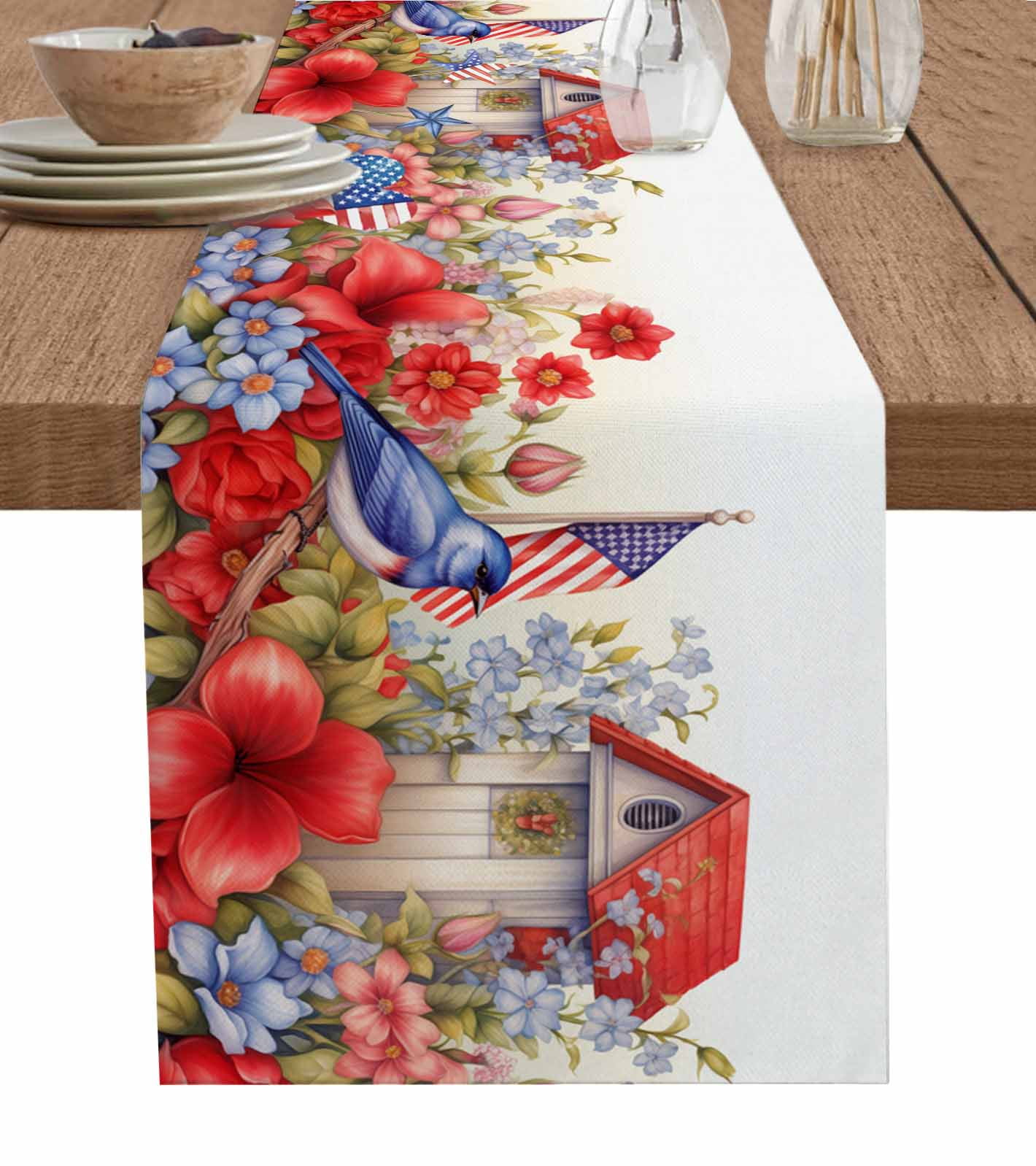 Ldtrchee 4th of July Table Runner 70 Inches, Independence Day Floral ...