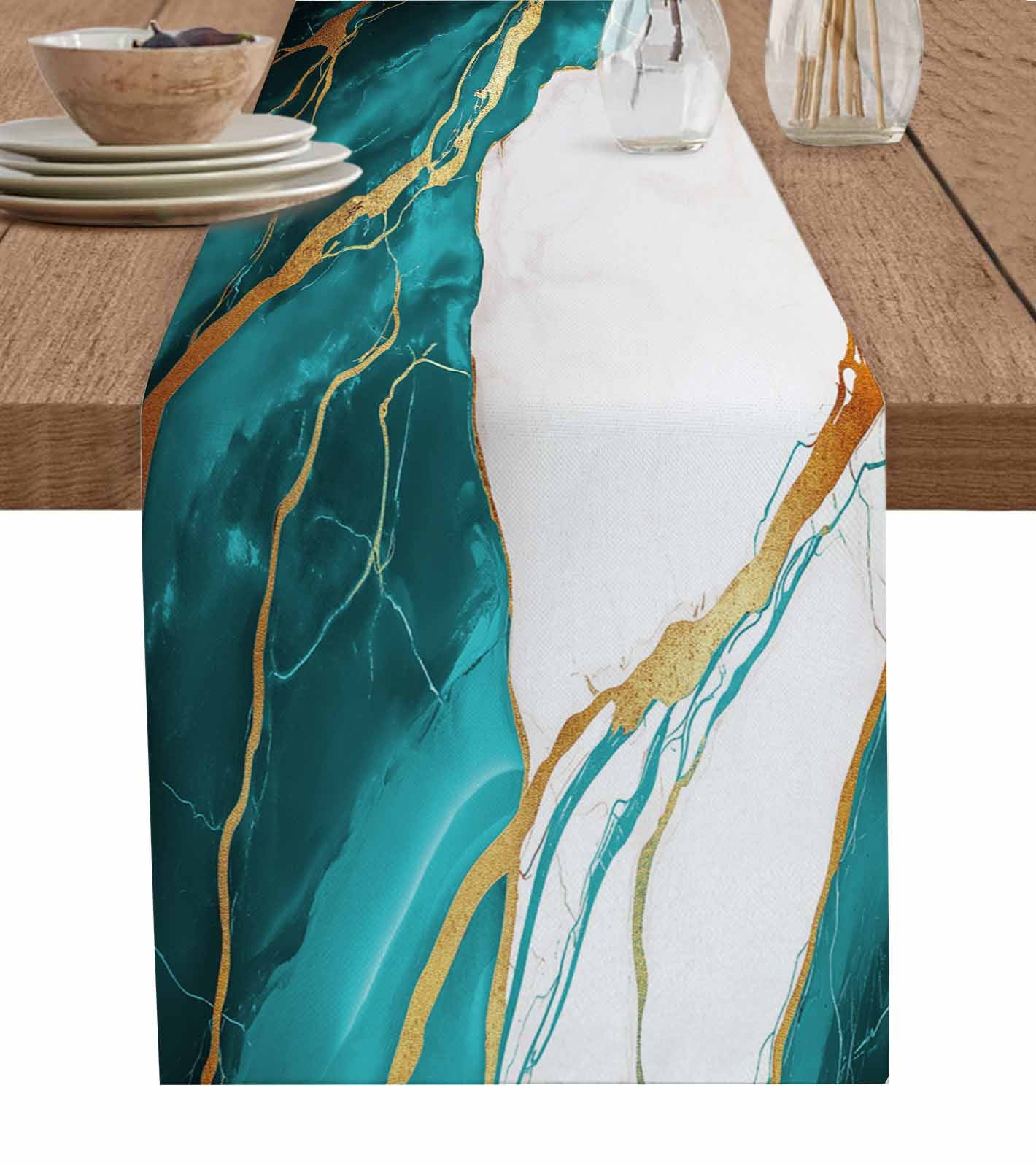 Ldtrchee Aqua White Marble Table Runner 90 Inches, Nature Marble Crack ...