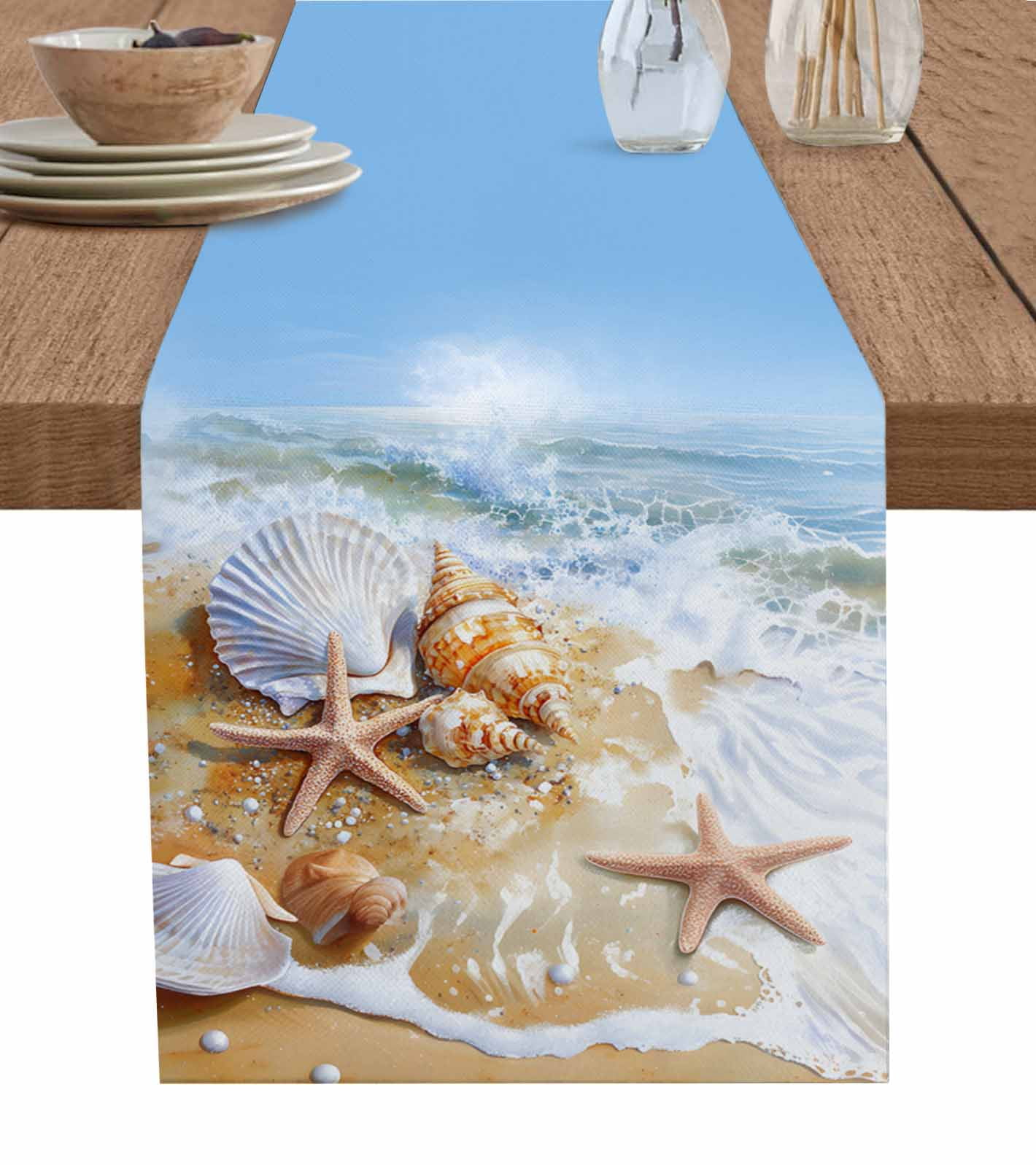 Ldtrchee Beach Shells Table Runner 60 Inches, Coastal Starfish Conch ...
