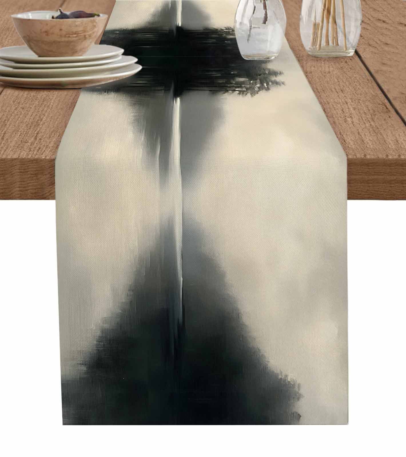 Ldtrchee Black Beige Vintage Table Runner 72 Inches, Lake Abstract ...