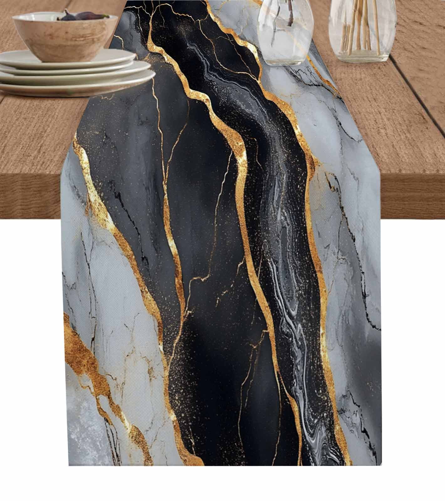 Ldtrchee Black Grey Marble Table Runner 72 Inches, Abstract Gold Water ...