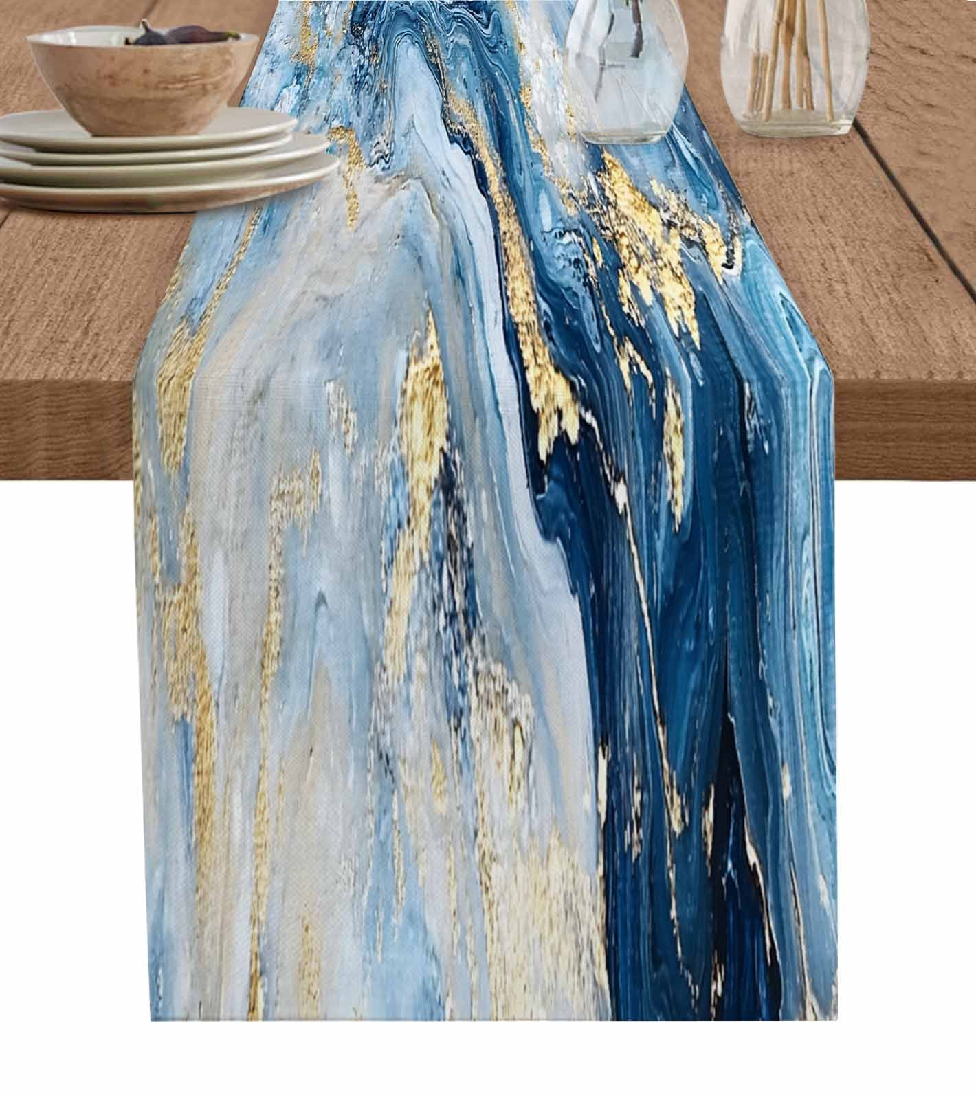 Ldtrchee Blue Abstract Table Runner 72 Inches, Modern Marble Yellow ...