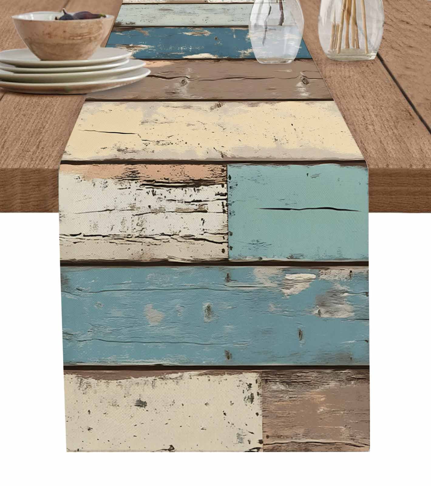 Ldtrchee Blue Brown Beige Farmhouse Table Runner 72 Inches, Vintage ...