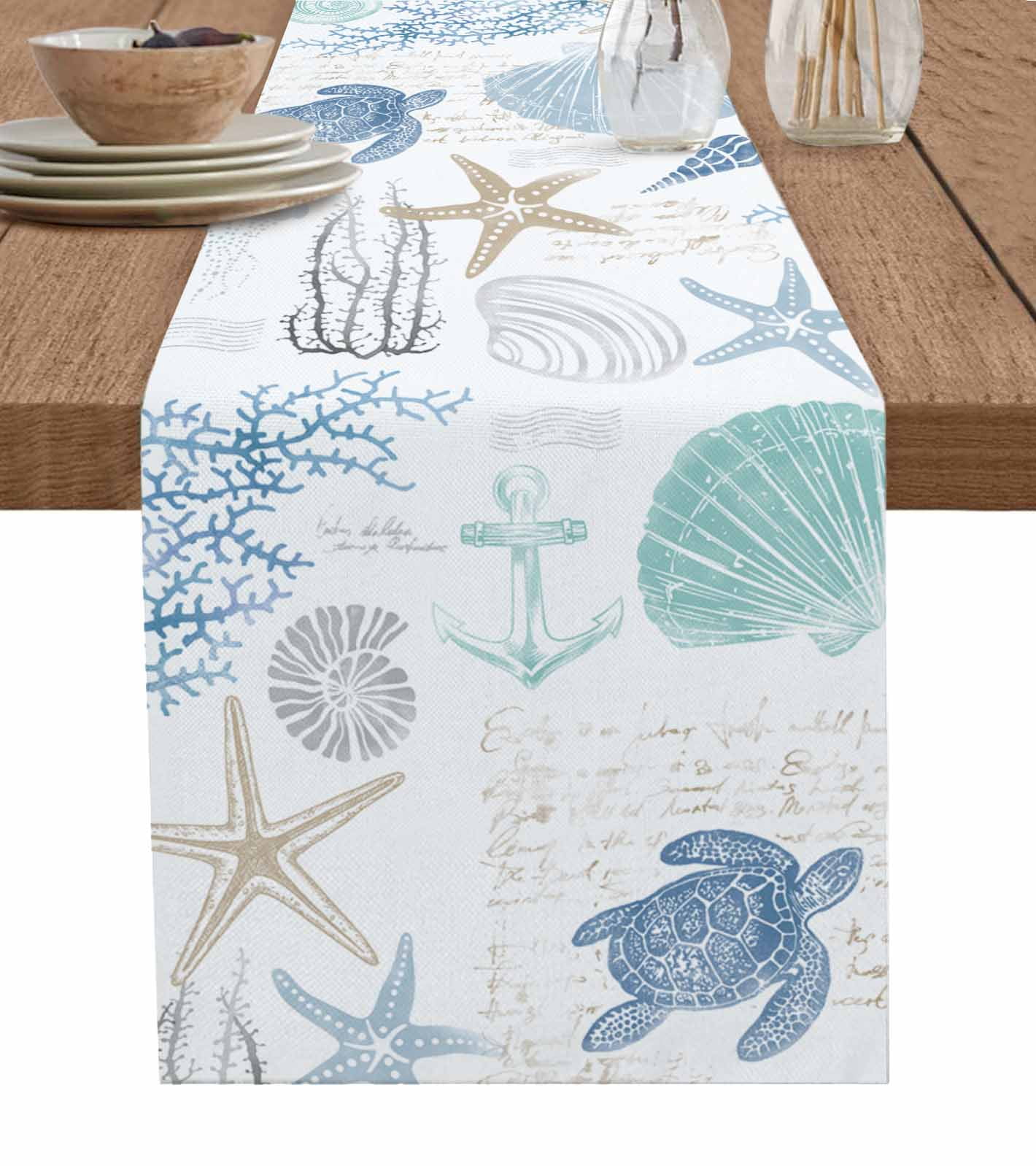 Ldtrchee Blue Coastal Nautical Table Runner 108 Inches, Beach Sea ...