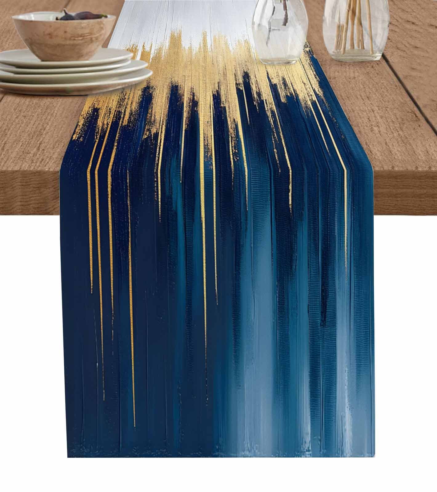 Ldtrchee Blue Golden Table Runner 90 Inches, Abstract Grey Smear Art ...