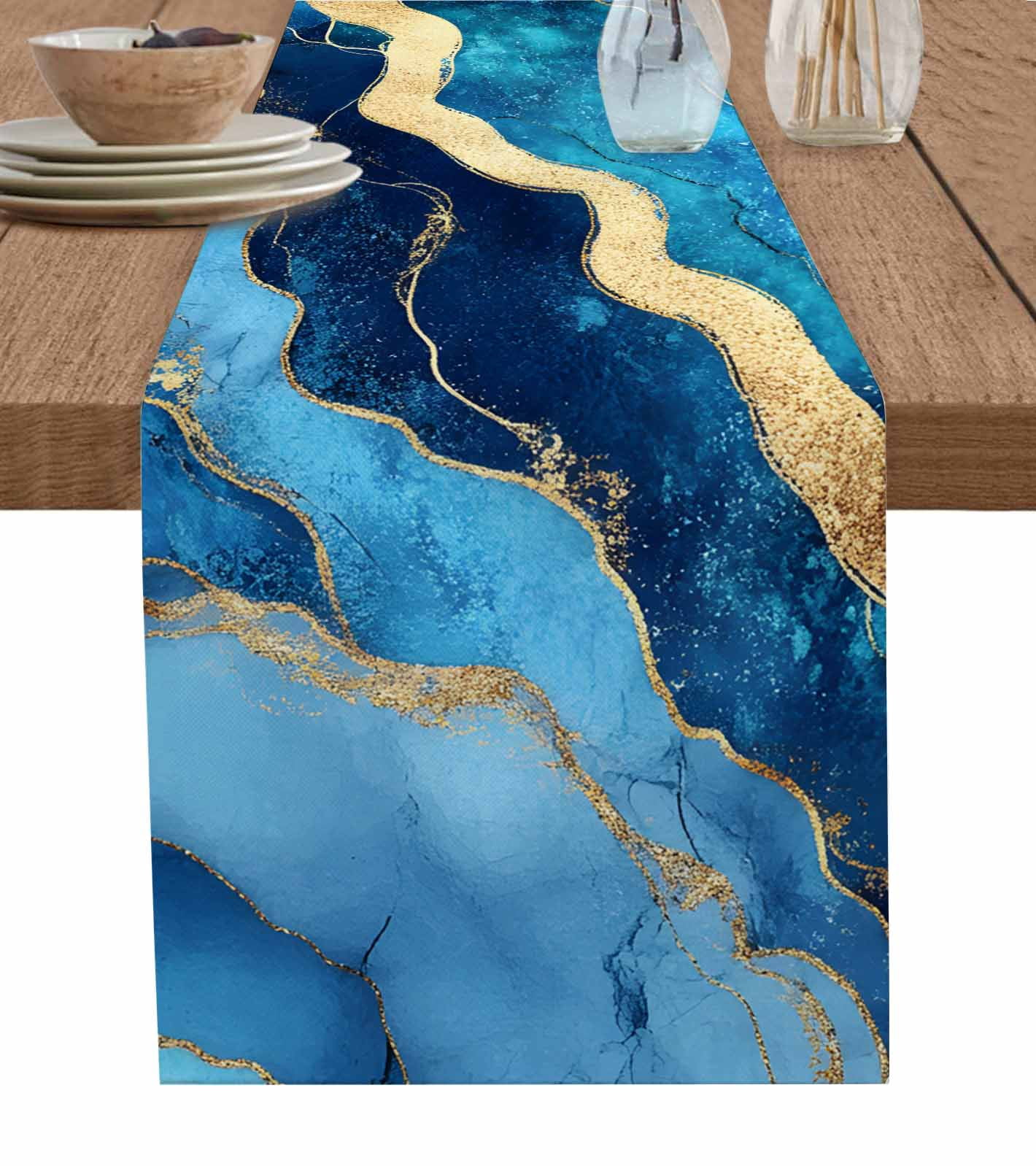 Ldtrchee Blue Marble Table Runner 72 Inches, Luxury Golden Ink Painting ...