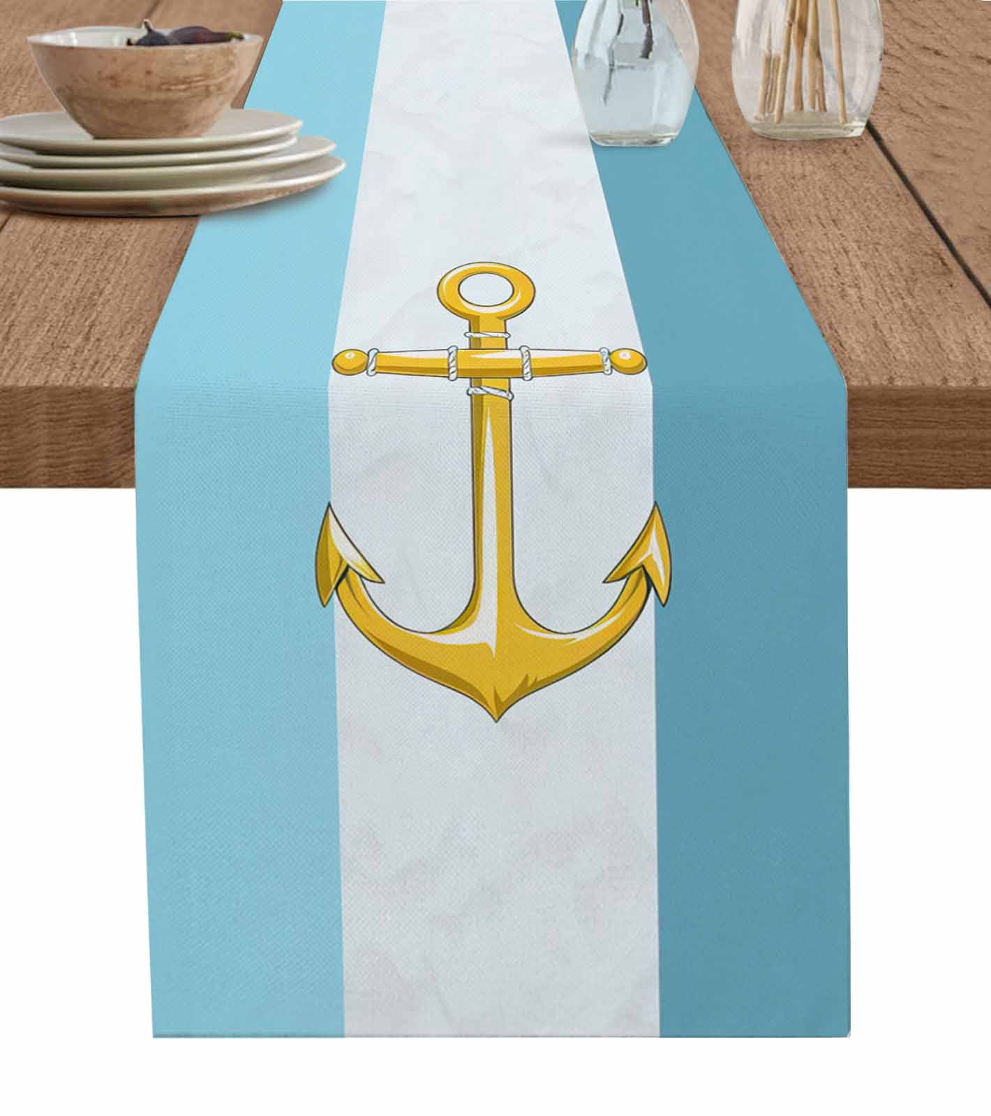 Ldtrchee Blue Nautical Table Runner 120 Inches, Gold Boat Anchor ...