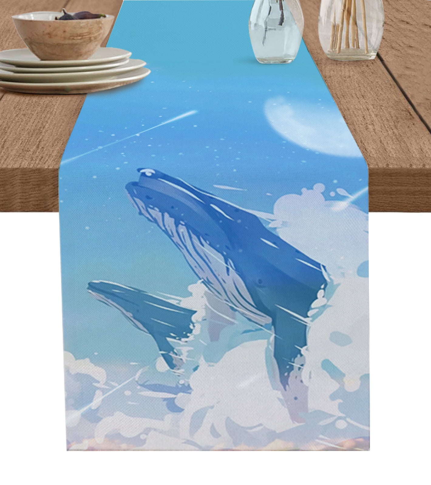 Ldtrchee Blue Whale Table Runner 72 Inches, Blue Sky Clouds Natural ...