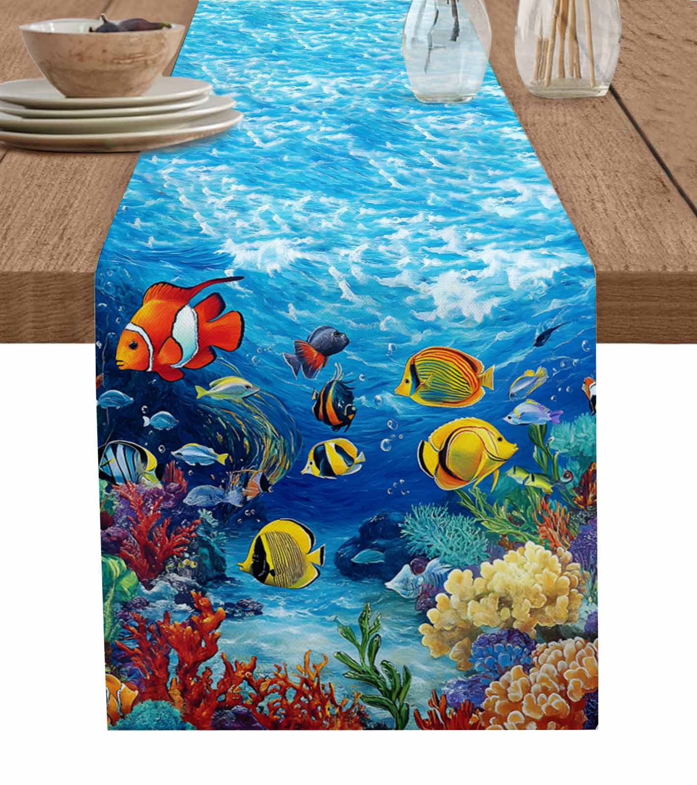 Ldtrchee Cartoon Fish Table Runner 72 Inches, Blue Colorful Sea Ocean ...