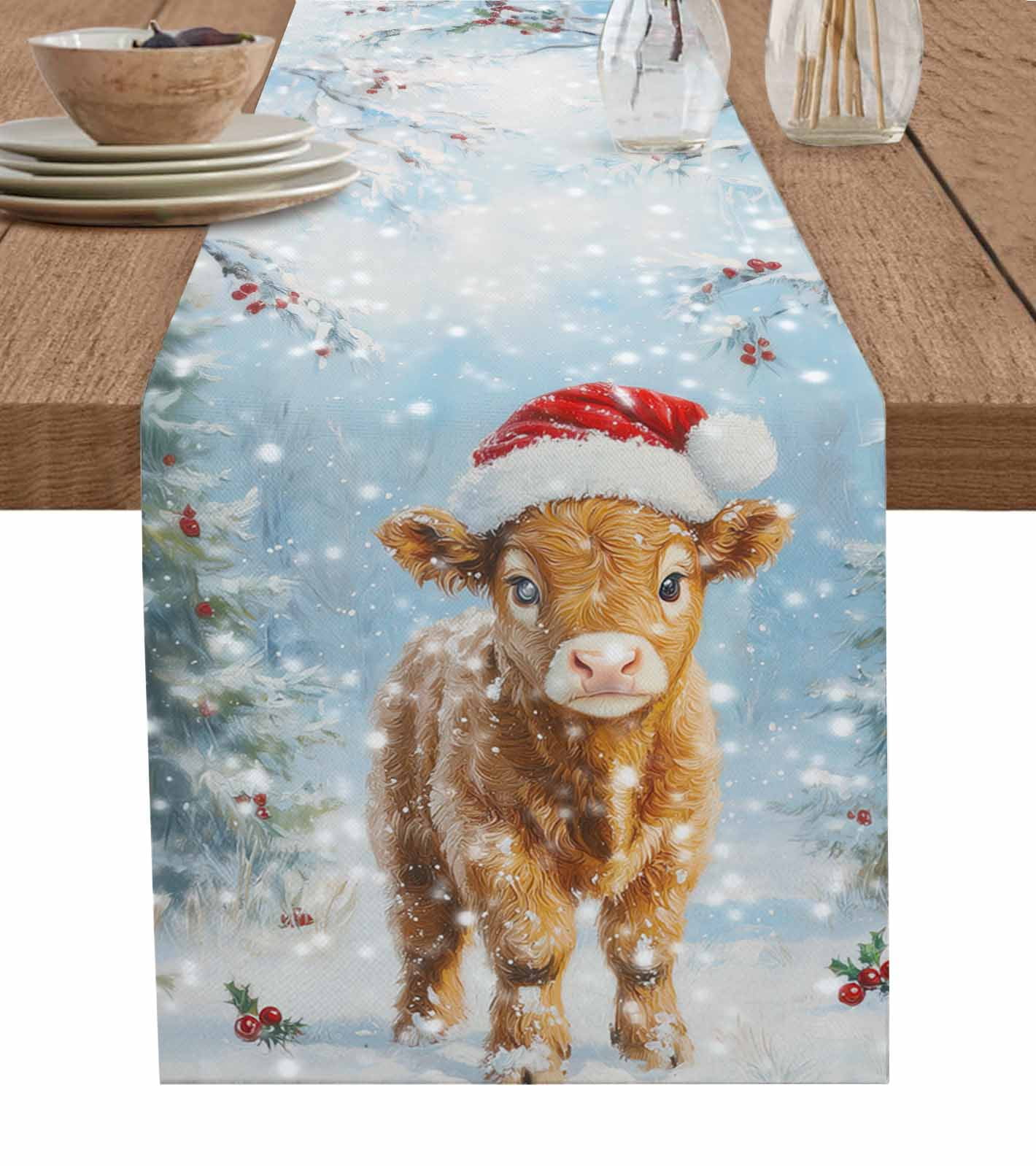 Ldtrchee Christmas Cow Table Runner 36 Inches, Winter Oil Painting ...