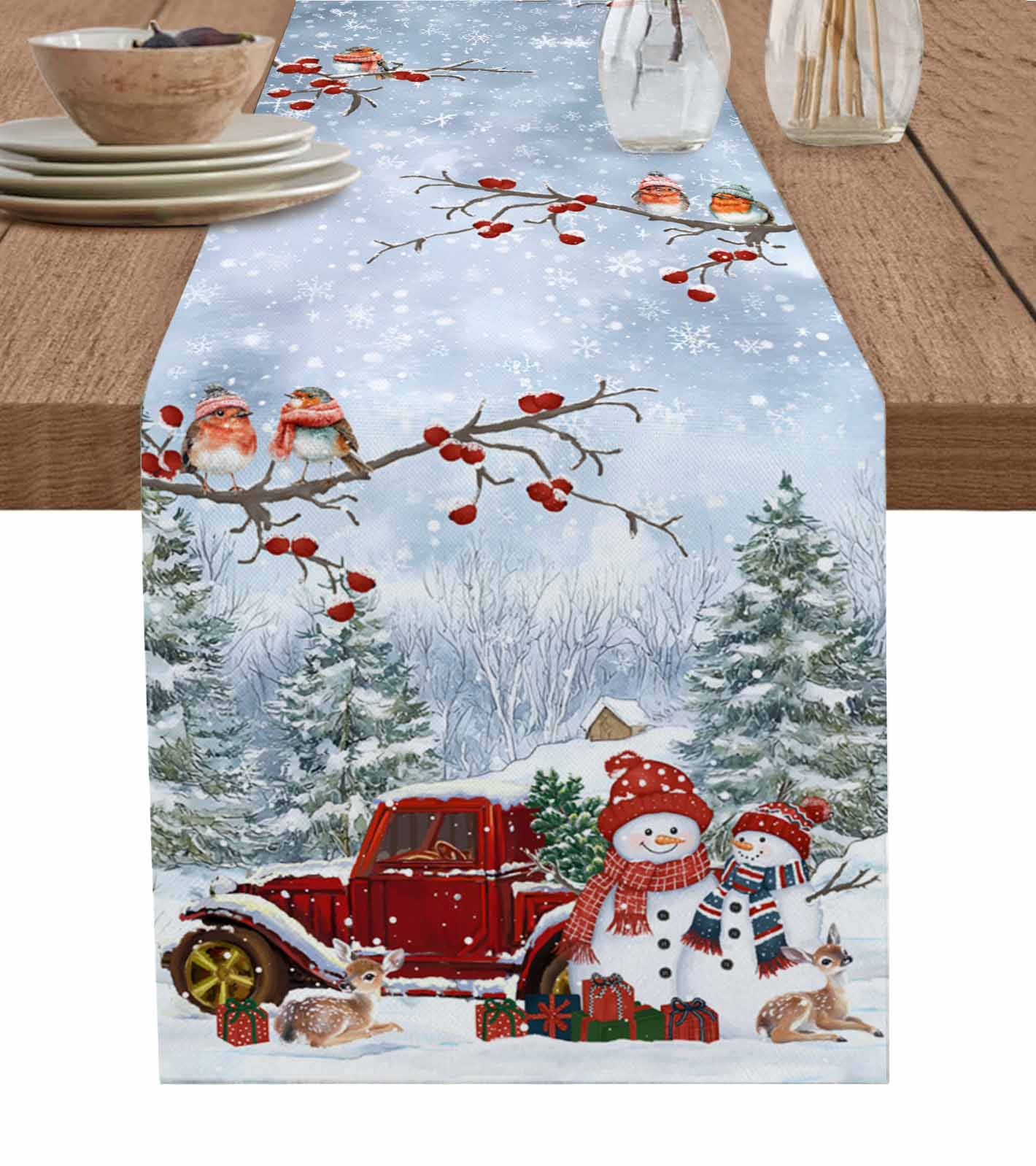Ldtrchee Christmas Table Runner 108 Inches, Red Truck Snowman Xmas Tree ...