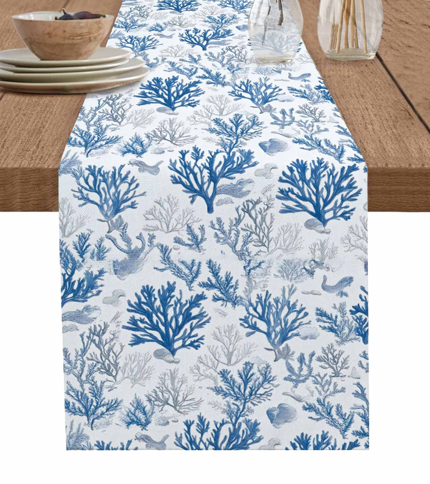Ldtrchee Coastal Coral Table Runner 120 Inches, Blue Grey Ocean Marine ...