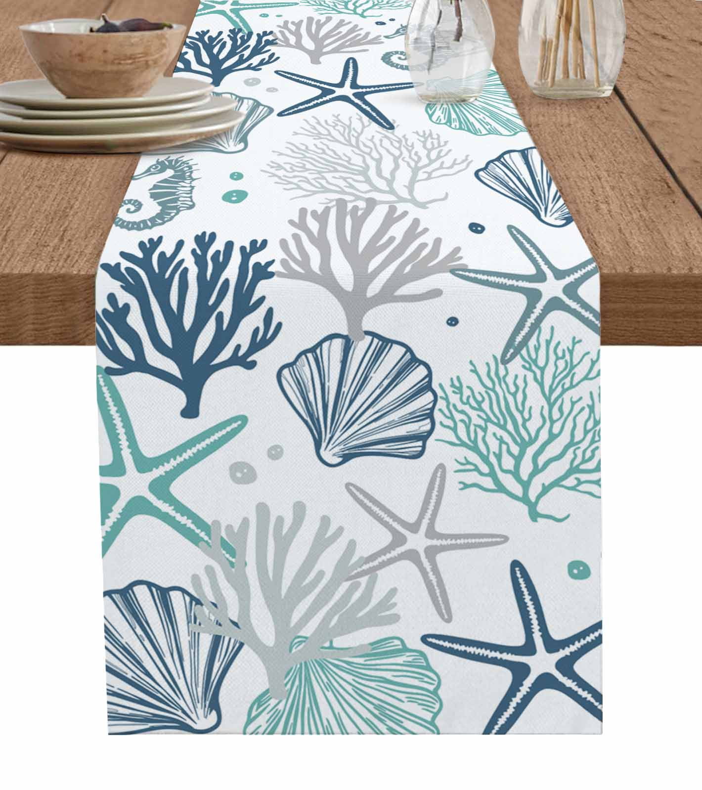 Ldtrchee Coastal Teal Green Table Runner 72 Inches, Coral Starfish ...