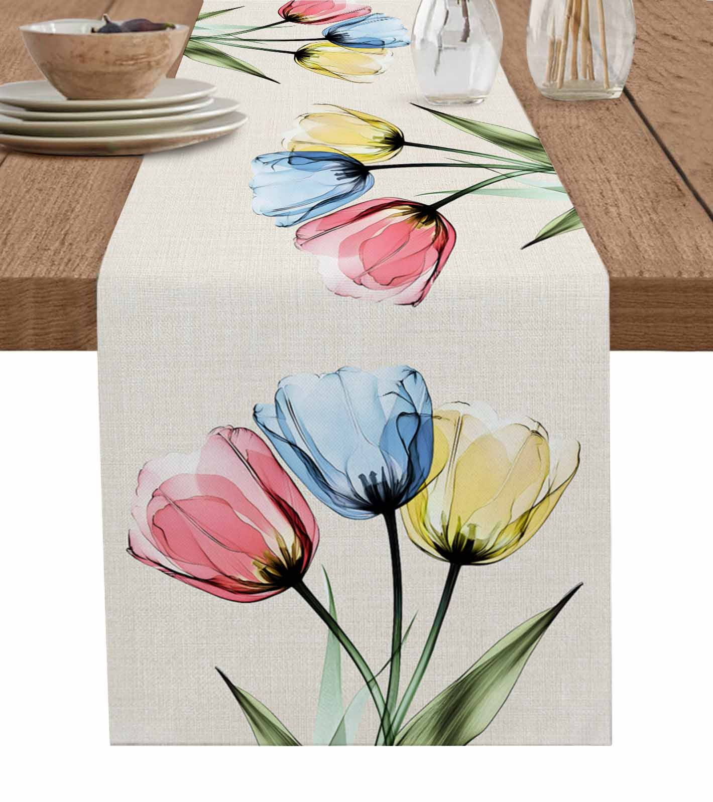 Ldtrchee Colorful Tulips Table Runner 72 Inches, Blue Red Yellow ...
