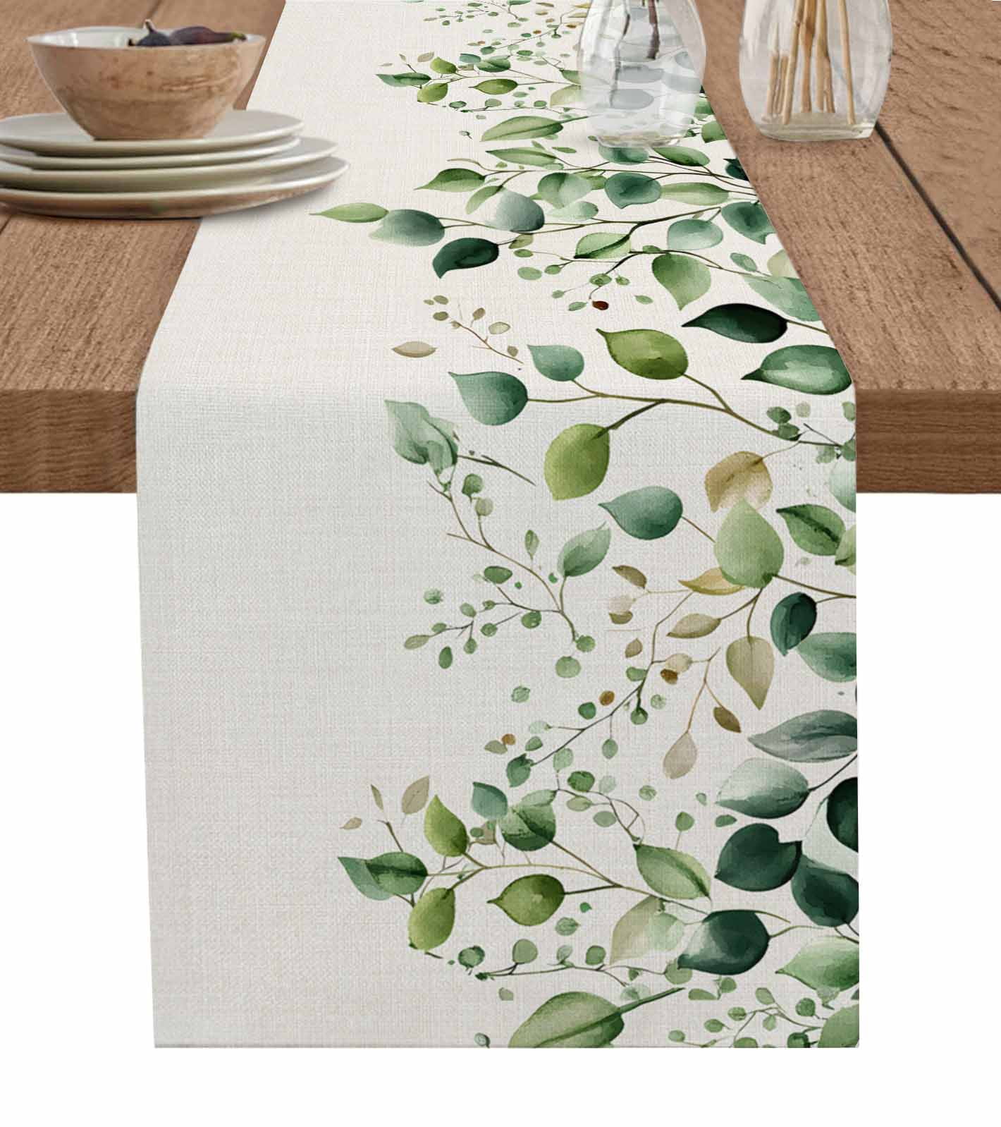 Ldtrchee Eucalyptus Leaf Table Runner 72 Inches, Watercolor Green Plant ...
