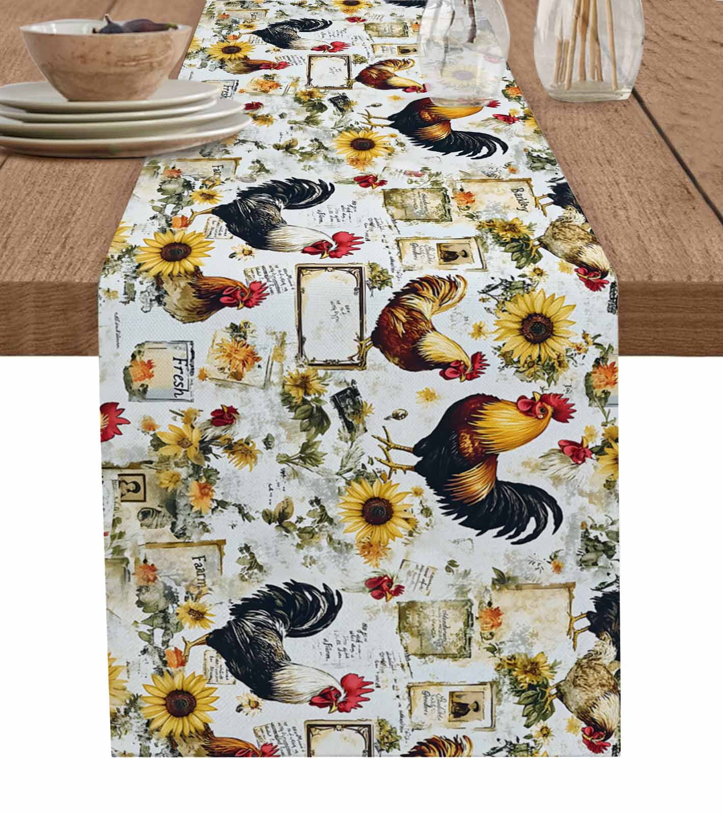 Ldtrchee Farm Rooster Table Runner 72 Inches, Retro Farmhouse Animals ...
