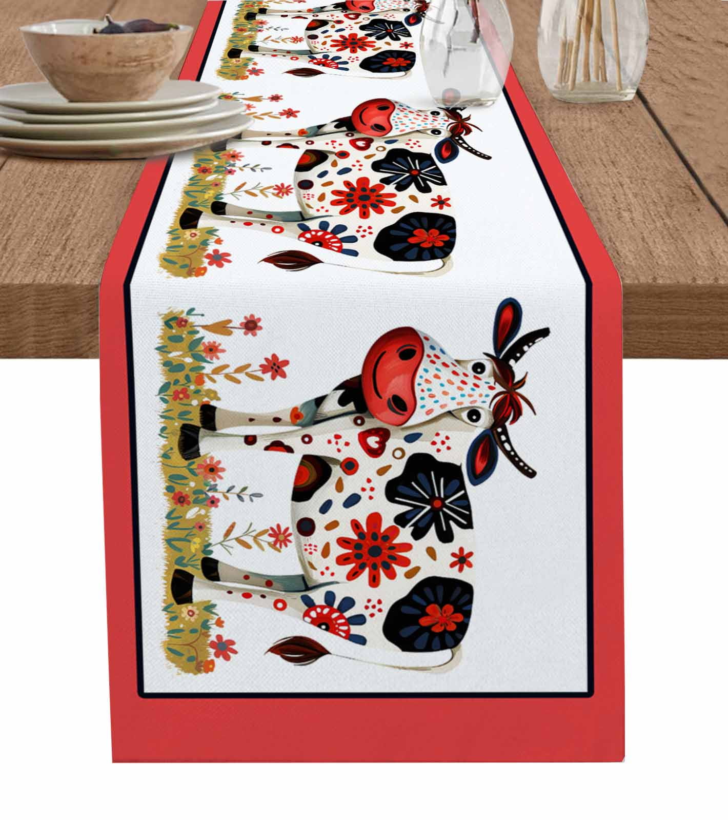 Ldtrchee Farmhouse Cow Table Runner 72 Inches, Farm Autumn Floral ...